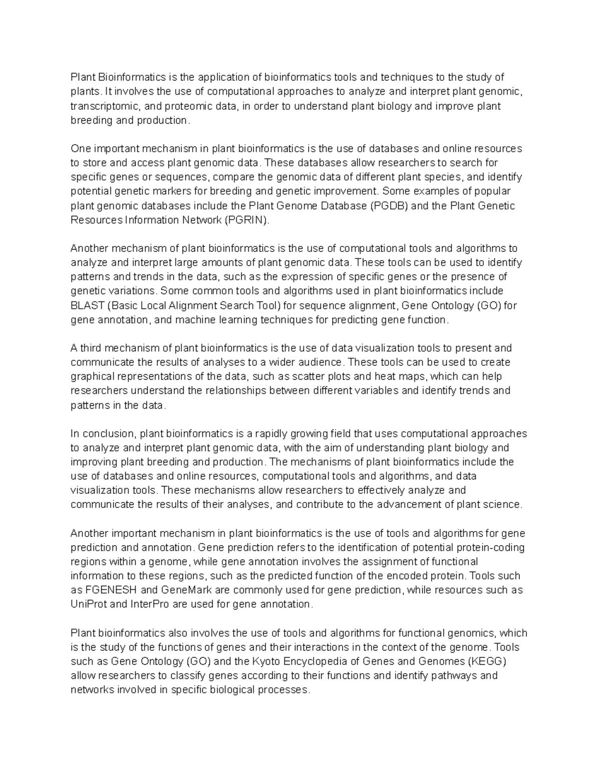 Plant Bioinformatics summary - Plant Bioinformatics is the application ...