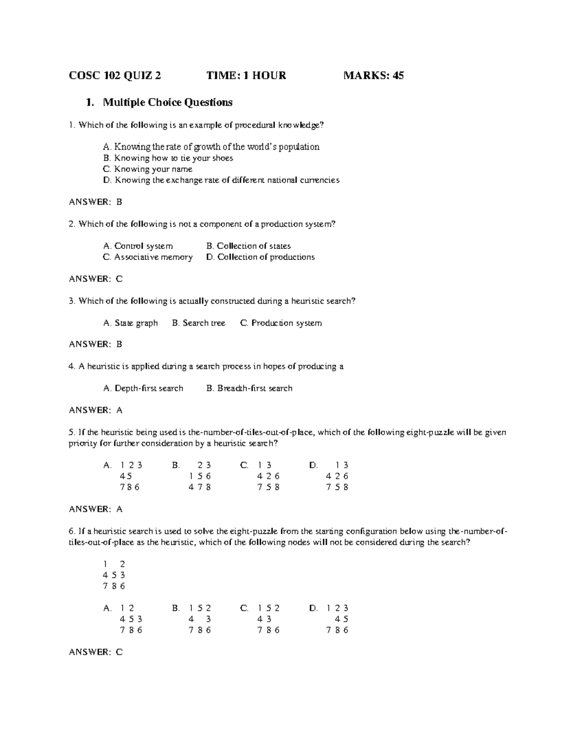 Cosc 102 Quiz 2 memo - good luck - COSC 102 QUIZ 2 TIME: 1 HOUR MARKS ...