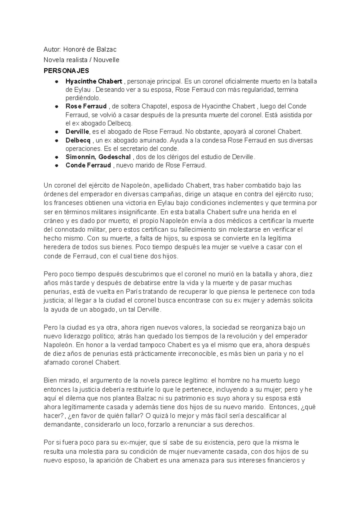 Coronel Chabert - ddgfds - Autor: Honoré de Balzac Novela realista ...