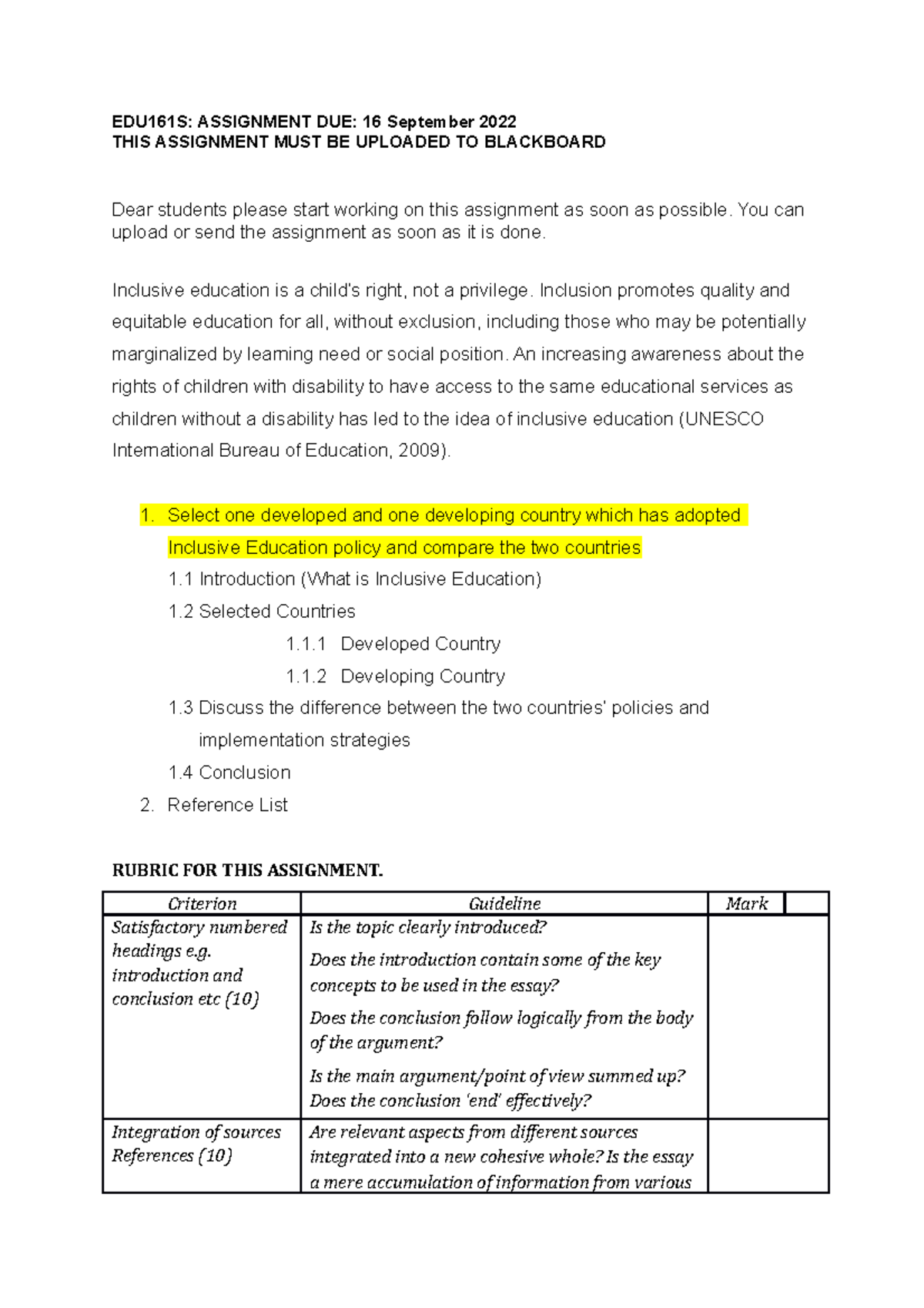 Assignment - Inclusive education is a child’s right, not a privilege ...