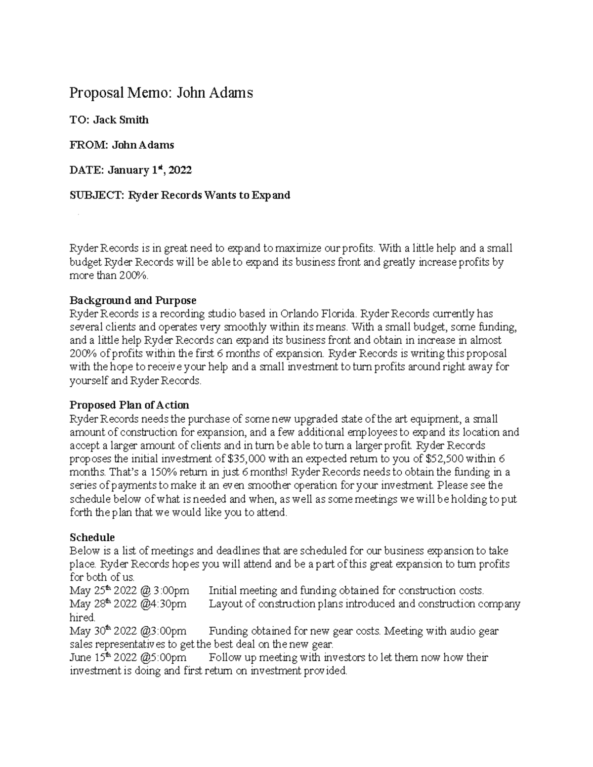 Proposal Memo John Adams - With a little help and a small budget Ryder ...