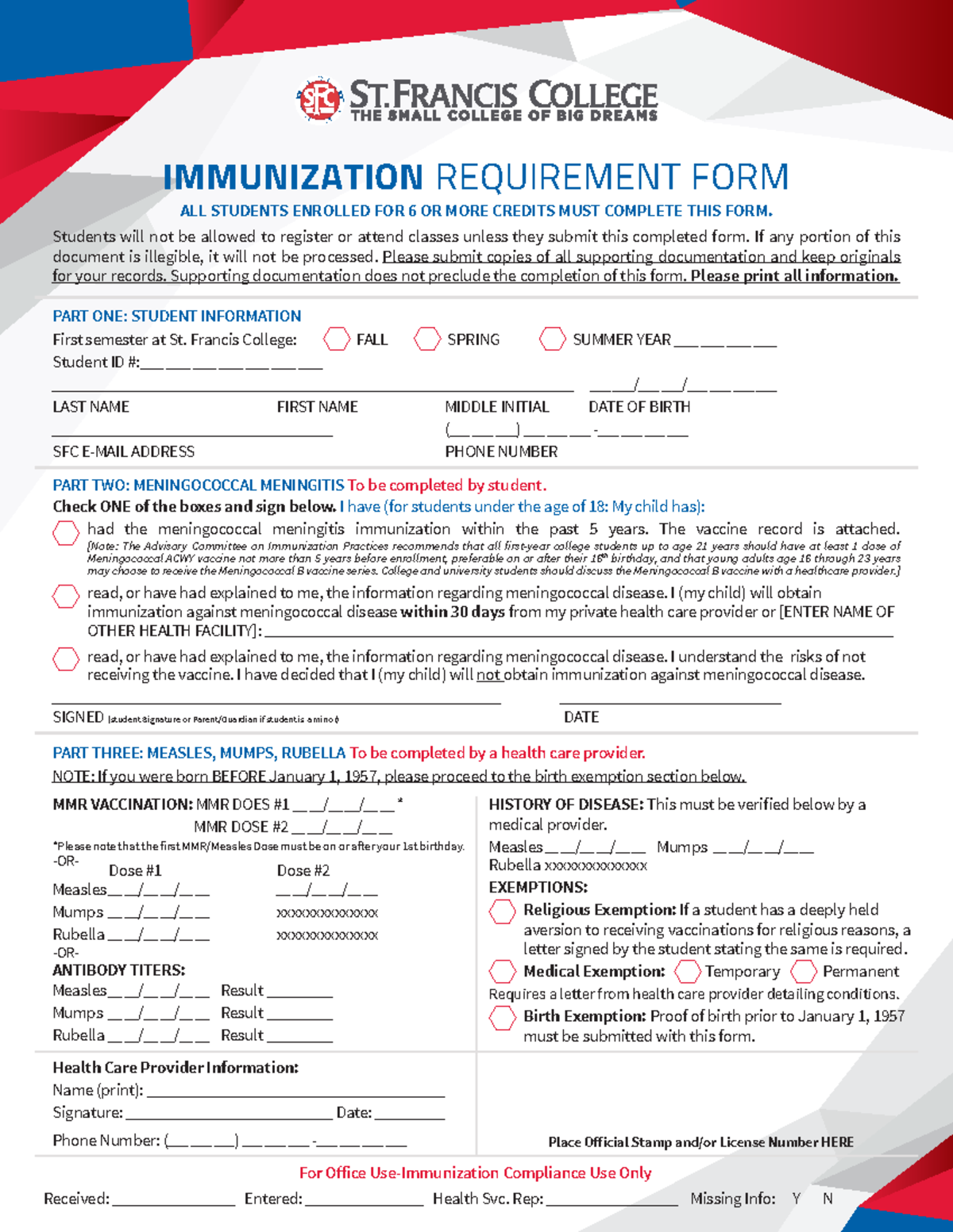 SFCImmunization Form - immunization form - IMMUNIZATION REQUIREMENT ...