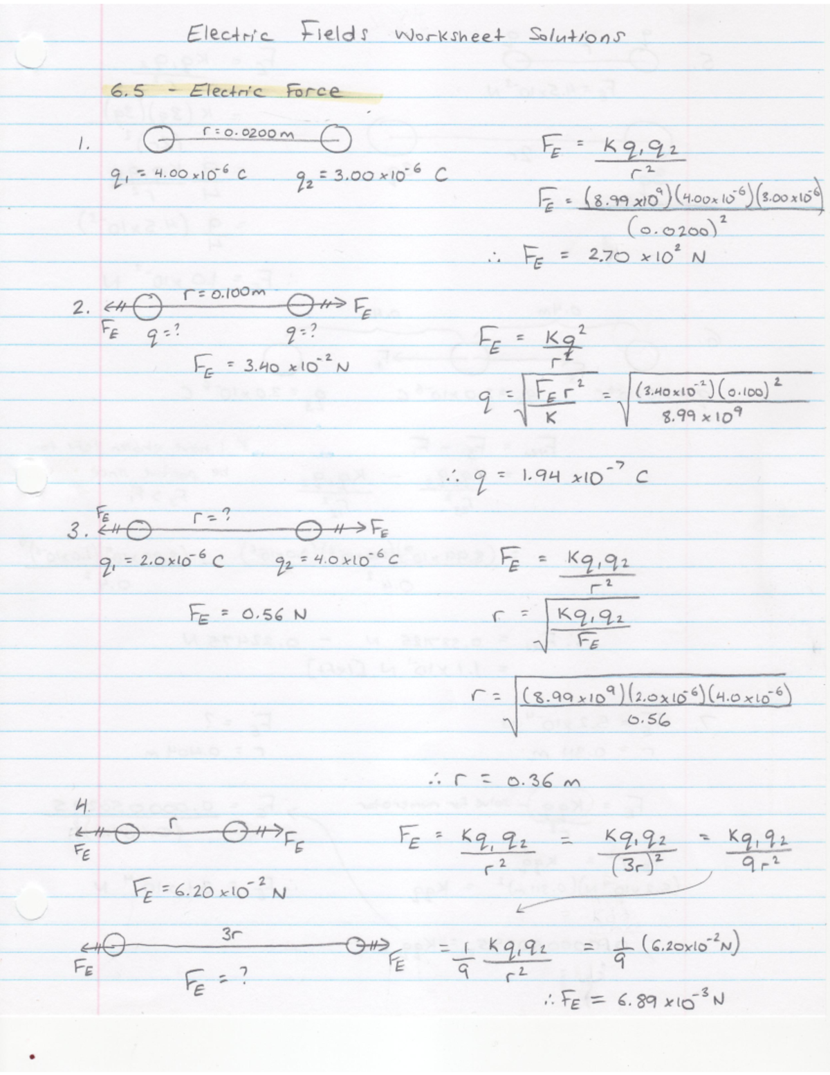 6.4 - Electric Fields Worksheet Solutions - PHYS117 - Studocu