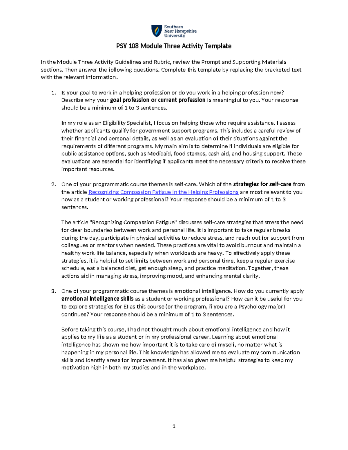 PSY-108 Week Three Assignment - PSY 108 Module Three Activity Template In the Module Three ...