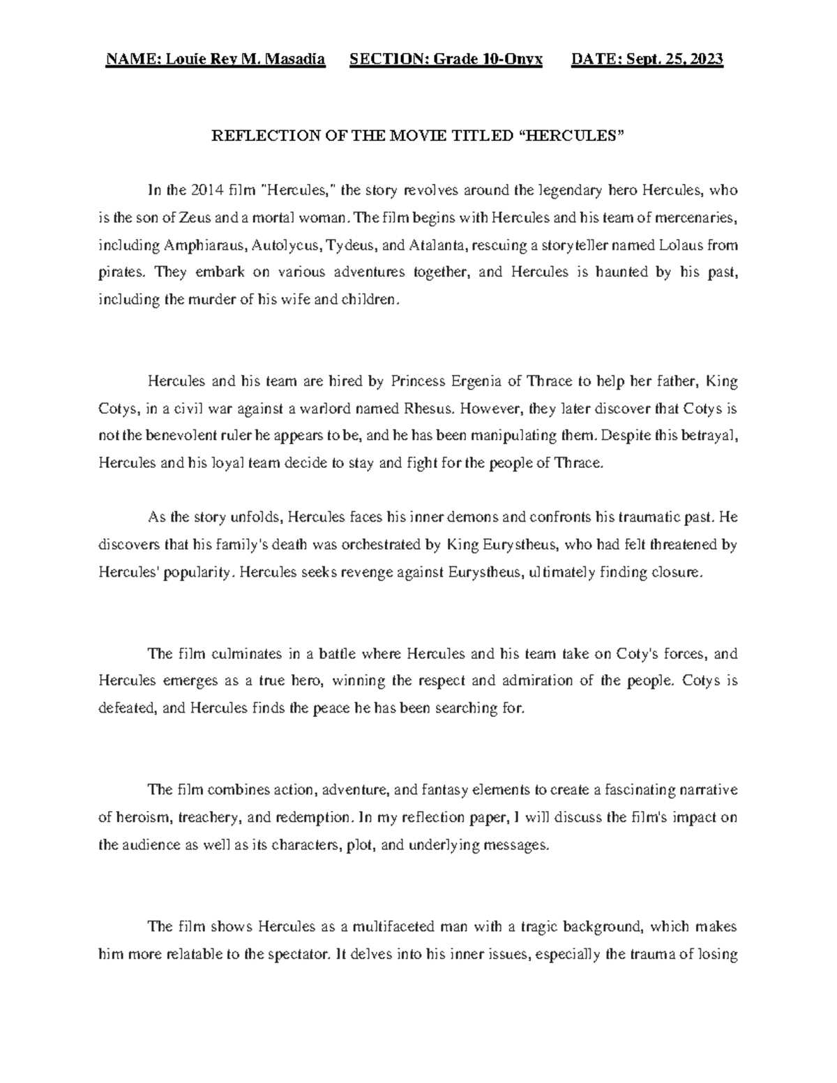 Reflection OF THE Movie Titled “ Hercules” - REFLECTION OF THE MOVIE ...