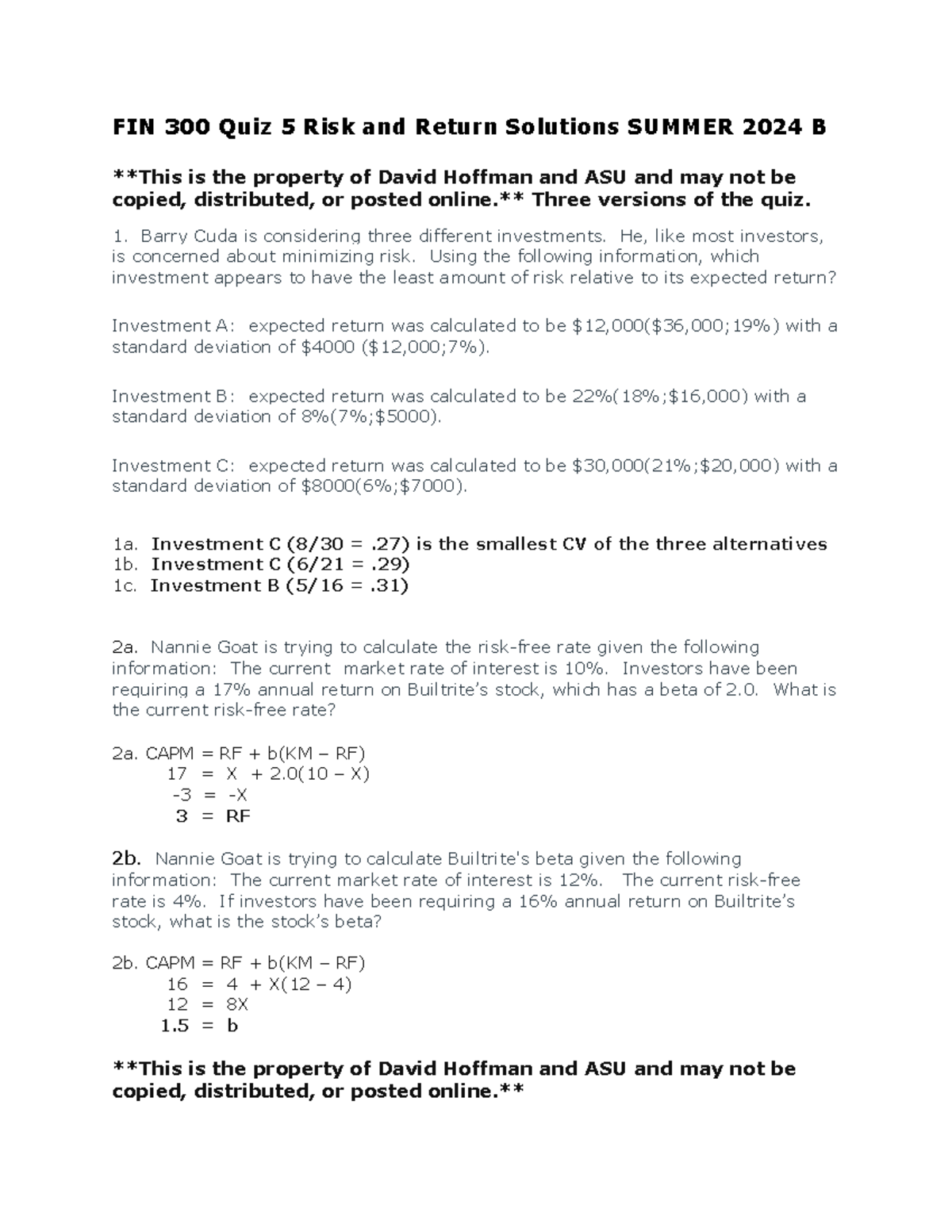 FIN 300 Quiz 5 Risk Return Solutions Summer 2024 B - FIN 300 Quiz 5 ...