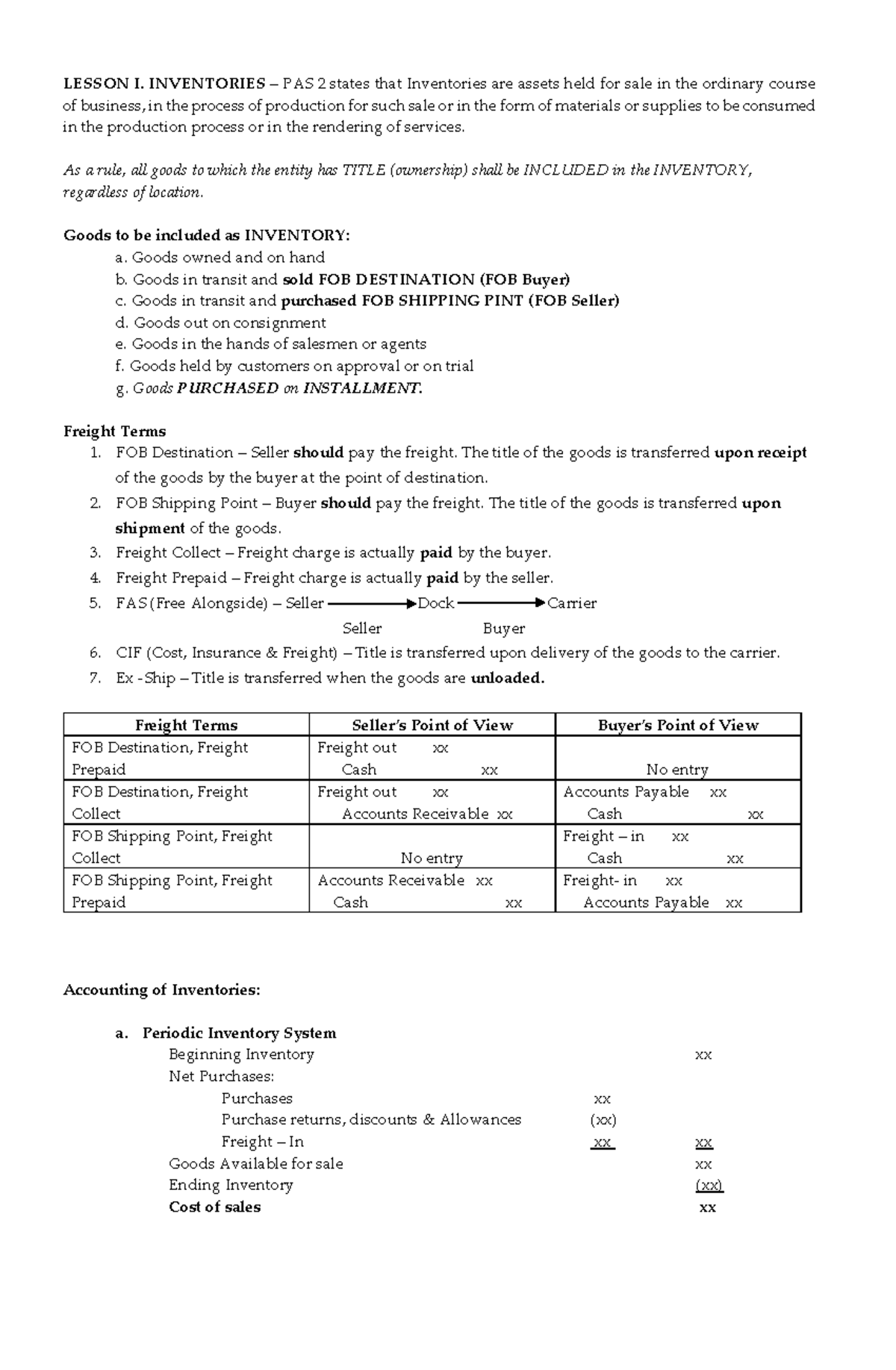 Lesson I Inventories - LESSON I. INVENTORIES – PAS 2 states that ...