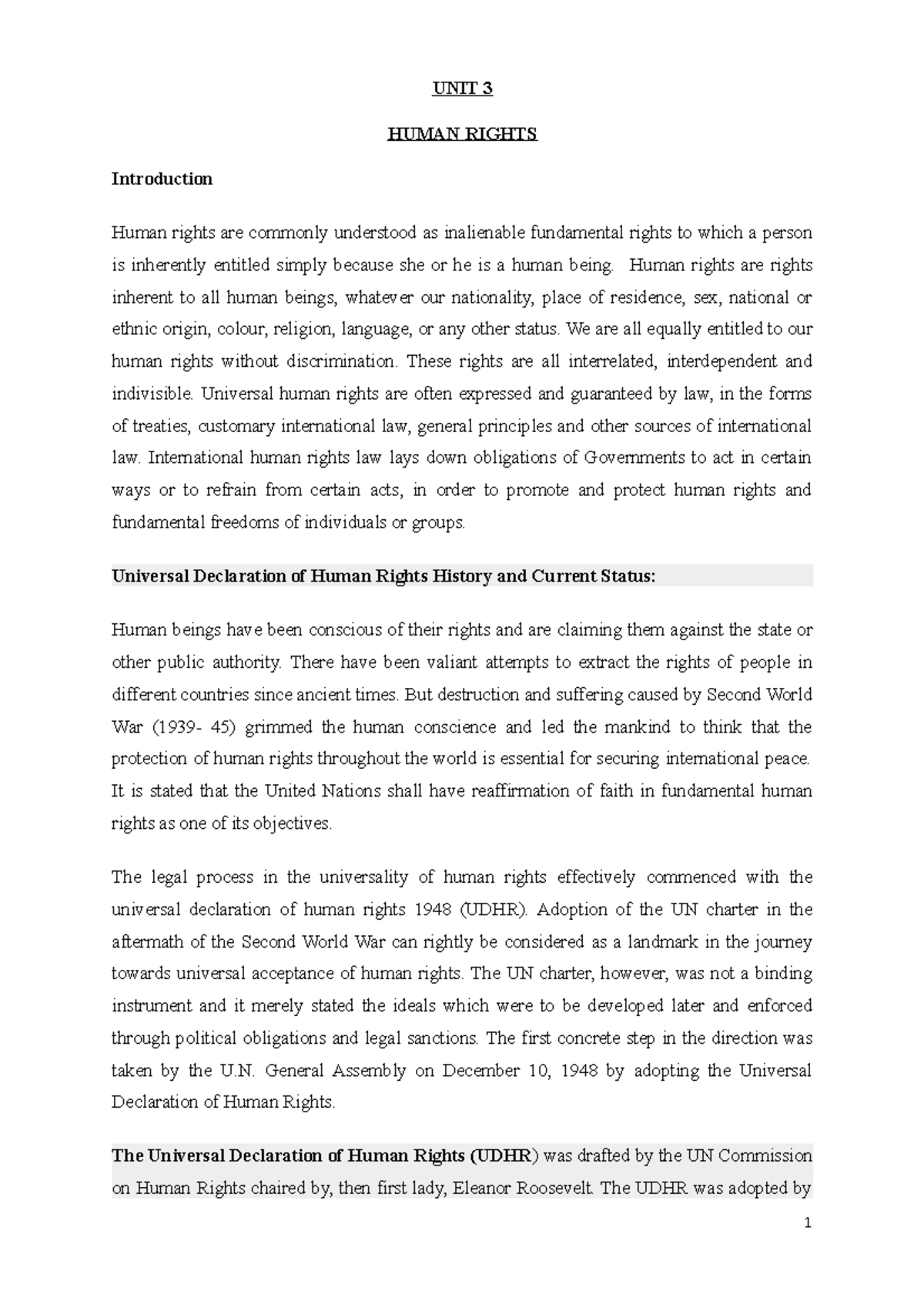 Lesson 3 - Mandatory - UNIT 3 HUMAN RIGHTS Introduction Human rights ...