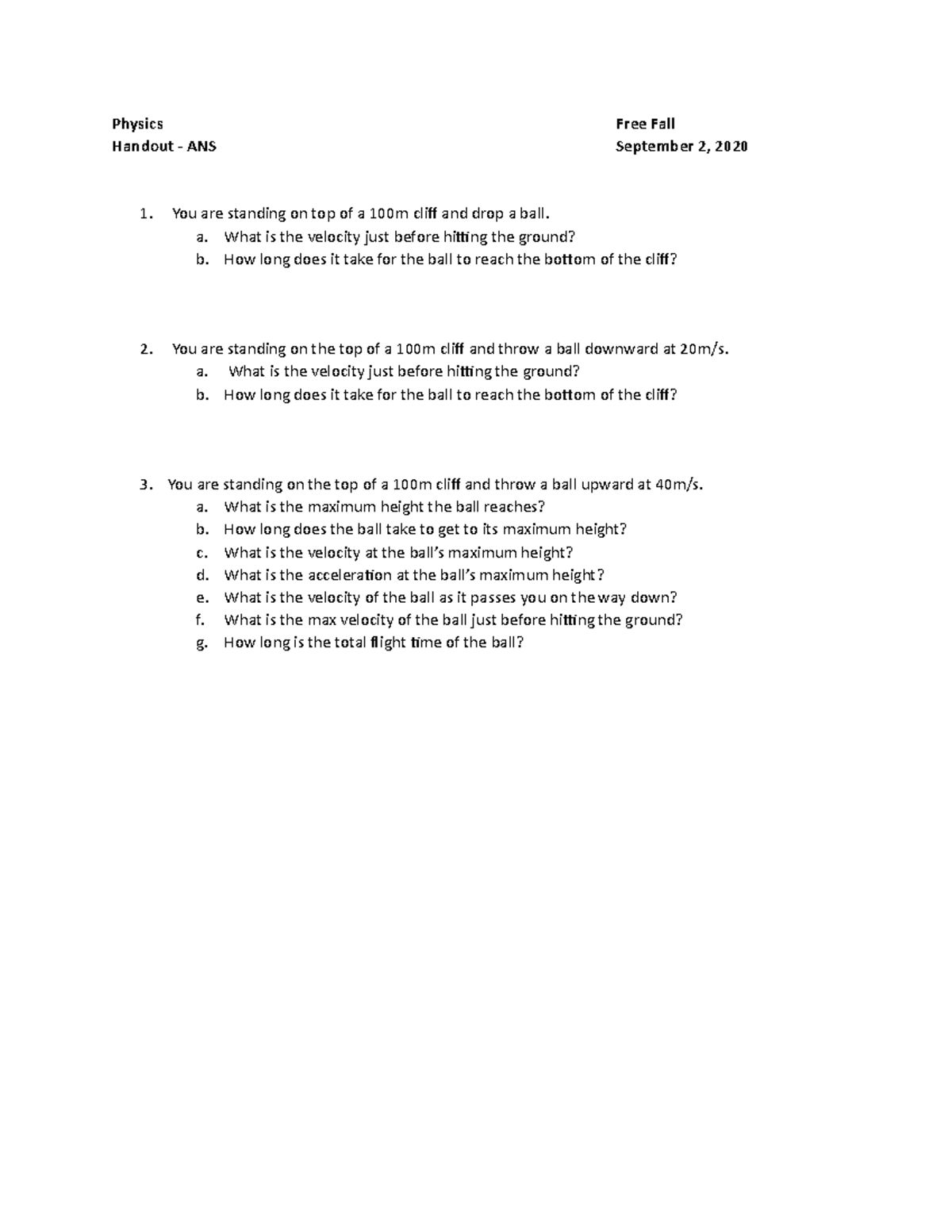 H5 - Free Fall Problems - Physics Free Fall Handout - ANS September 2 ...