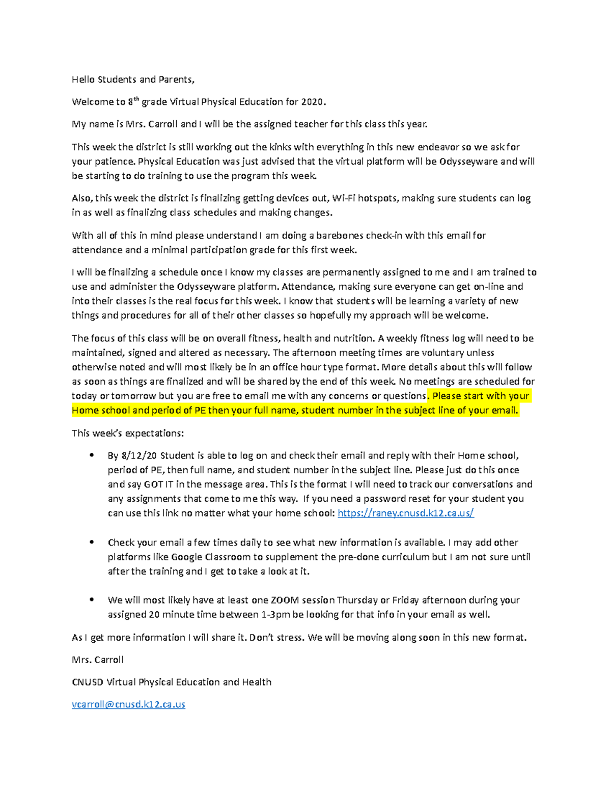 Informational letter to students and parents Virtual PE 2020 - Hello ...