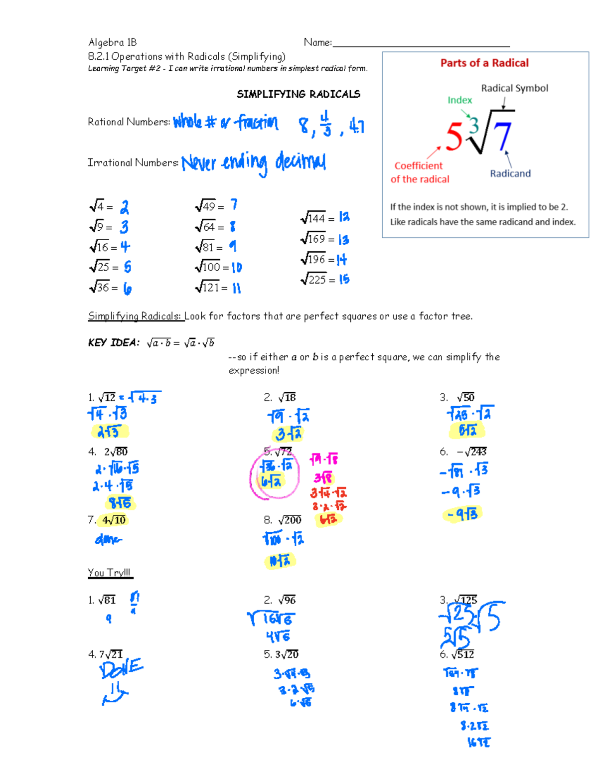 Alg 1 math assignment - Algebra 1B Name:_____________________________ 8 ...