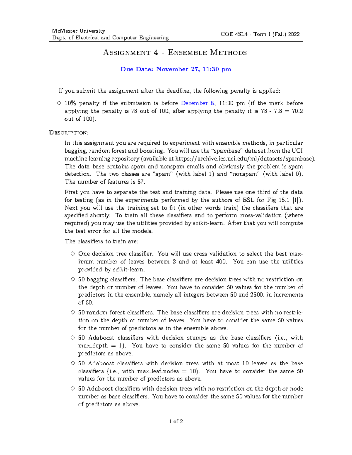 A4 2022 - Assignment 4 - McMaster University Dept. of Electrical and Computer Engineering COE ...