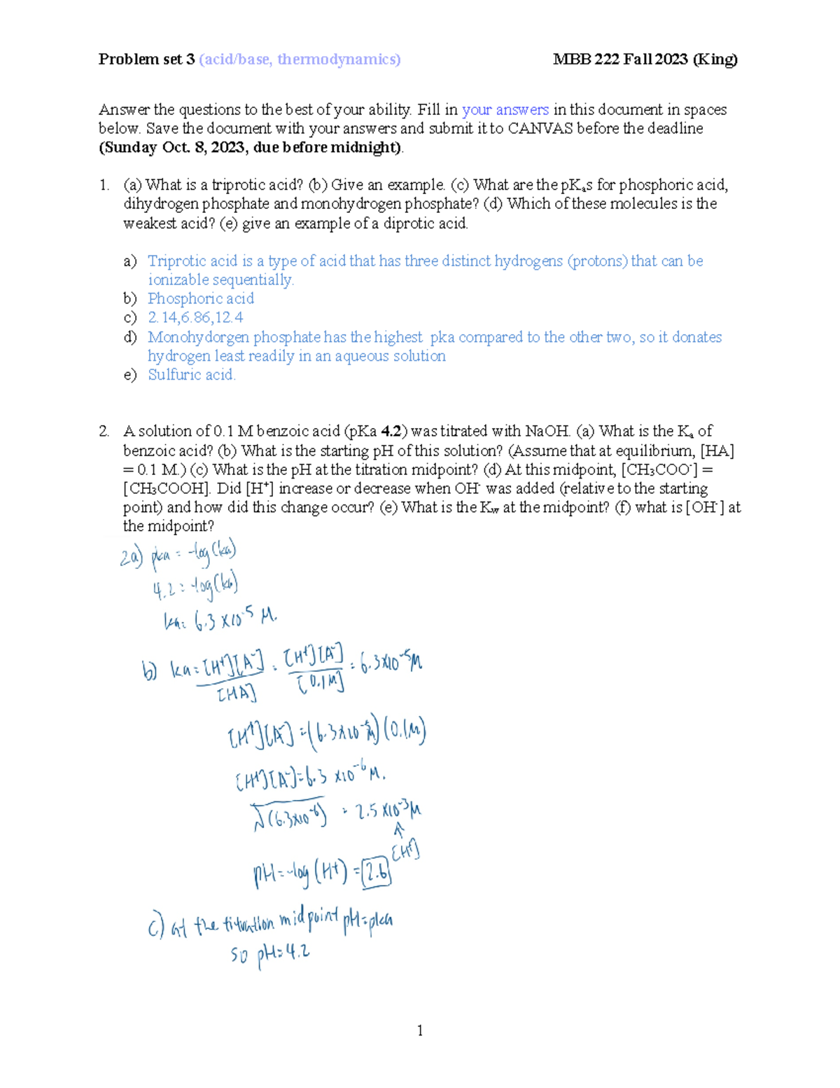 MBB 222 Problem set 2 - Answer the questions to the best of your ability. Fill in your answers ...