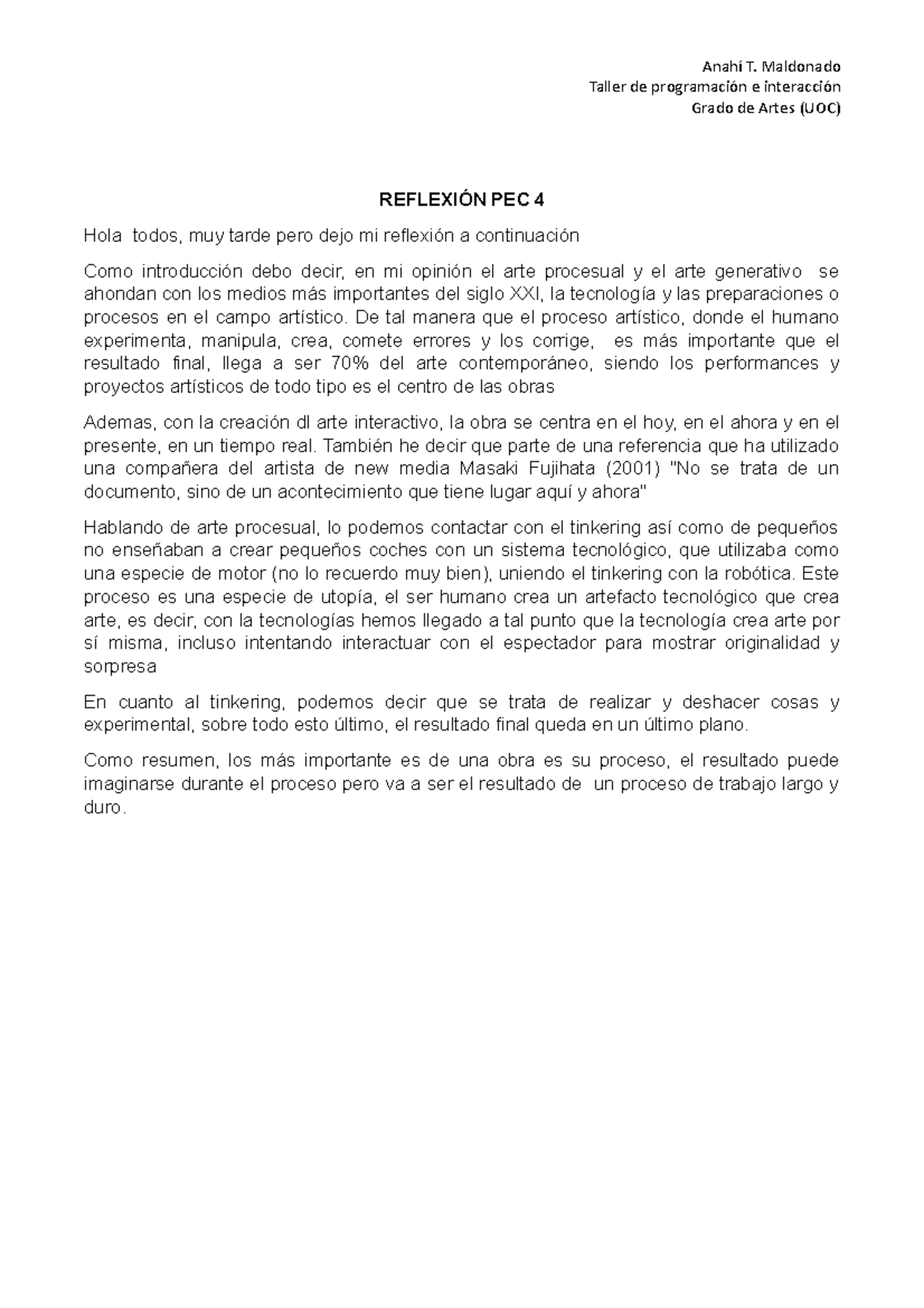 Reflexión PEC 4 programacion e interacccion - Anahí T. Maldonado Taller ...