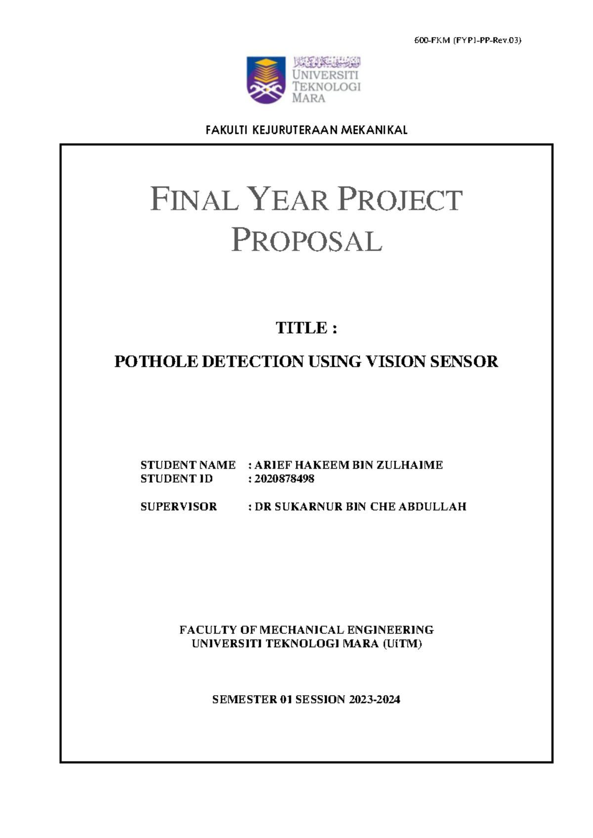 Ariefhakeem Proposal FYP - FAKULTI KEJURUTERAAN MEKANIKAL FINAL YEAR ...