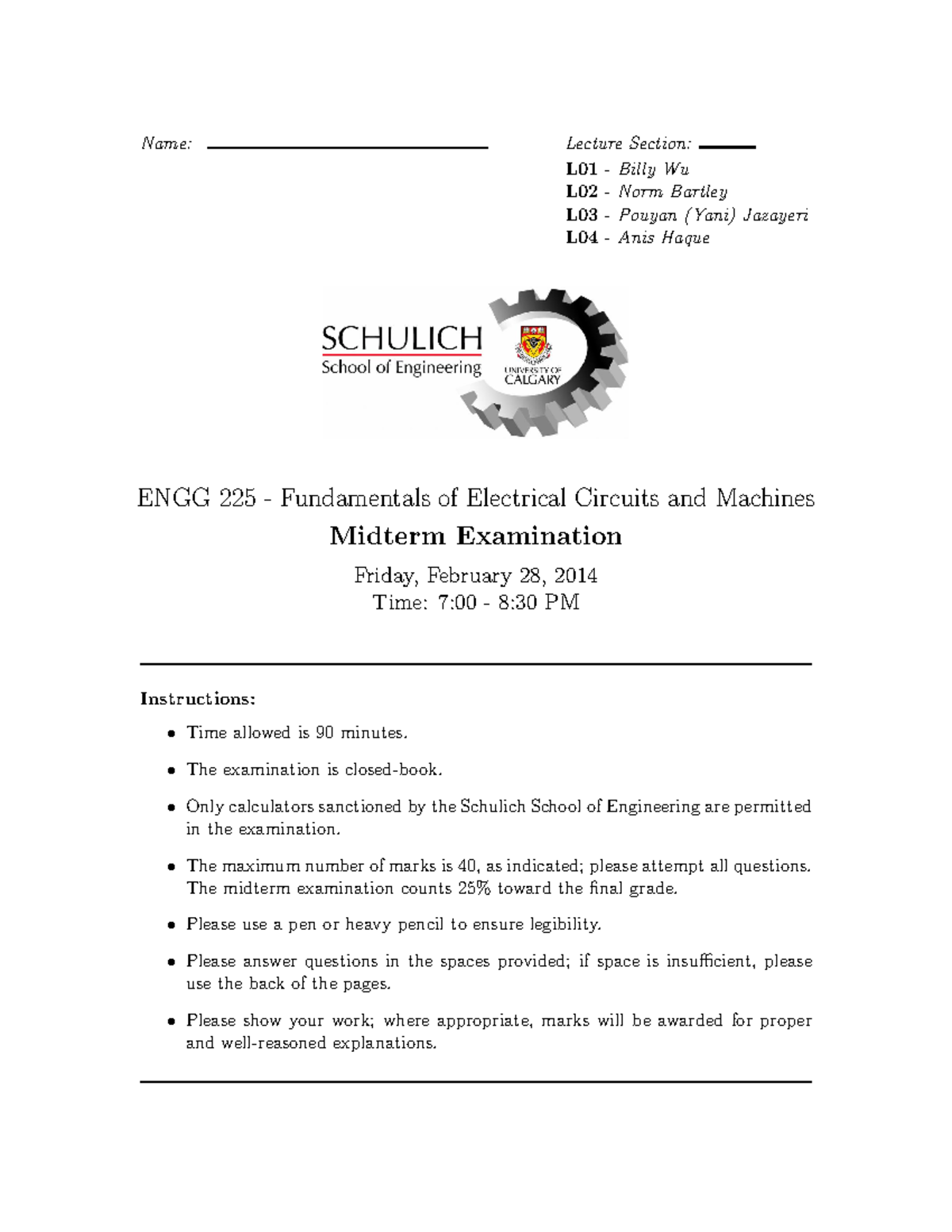 Fundamentals of Electrical Circuits and Machines ENGG 225 Midterm 2014 ...
