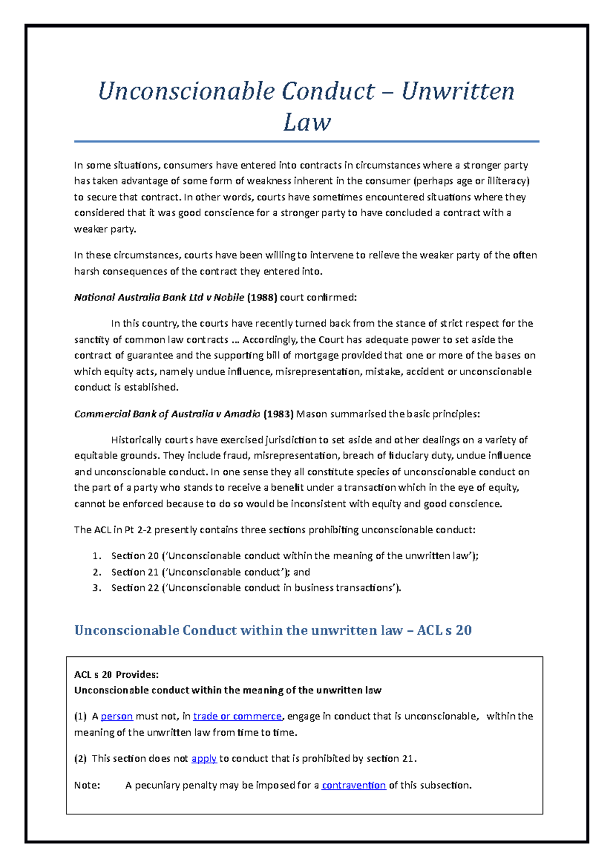 Commercial Law Notes - Unconscionable Conduct – Unwritten Law In some ...