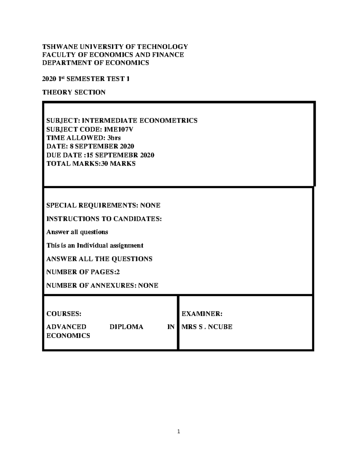 Semester test 1 Theory - 1 TSHWANE UNIVERSITY OF TECHNOLOGY FACULTY OF ...