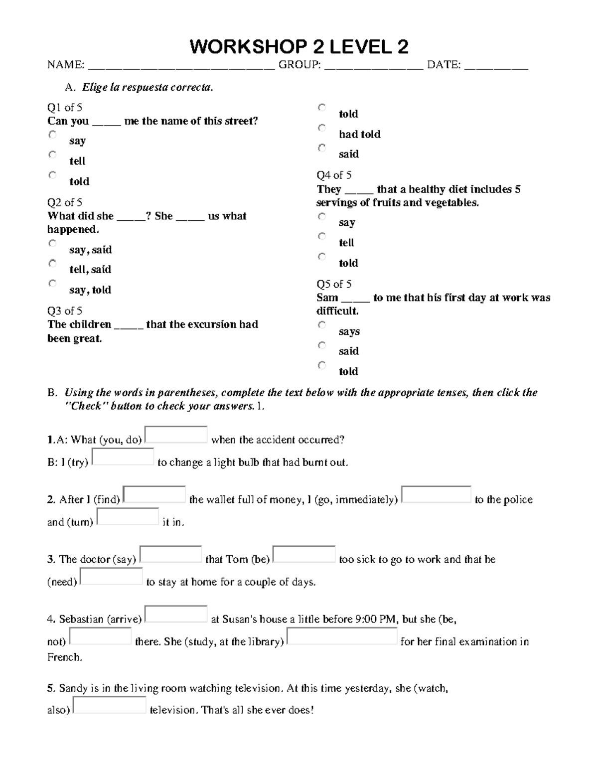 Workshop 2 - English 2 - WORKSHOP 2 LEVEL 2 NAME ...