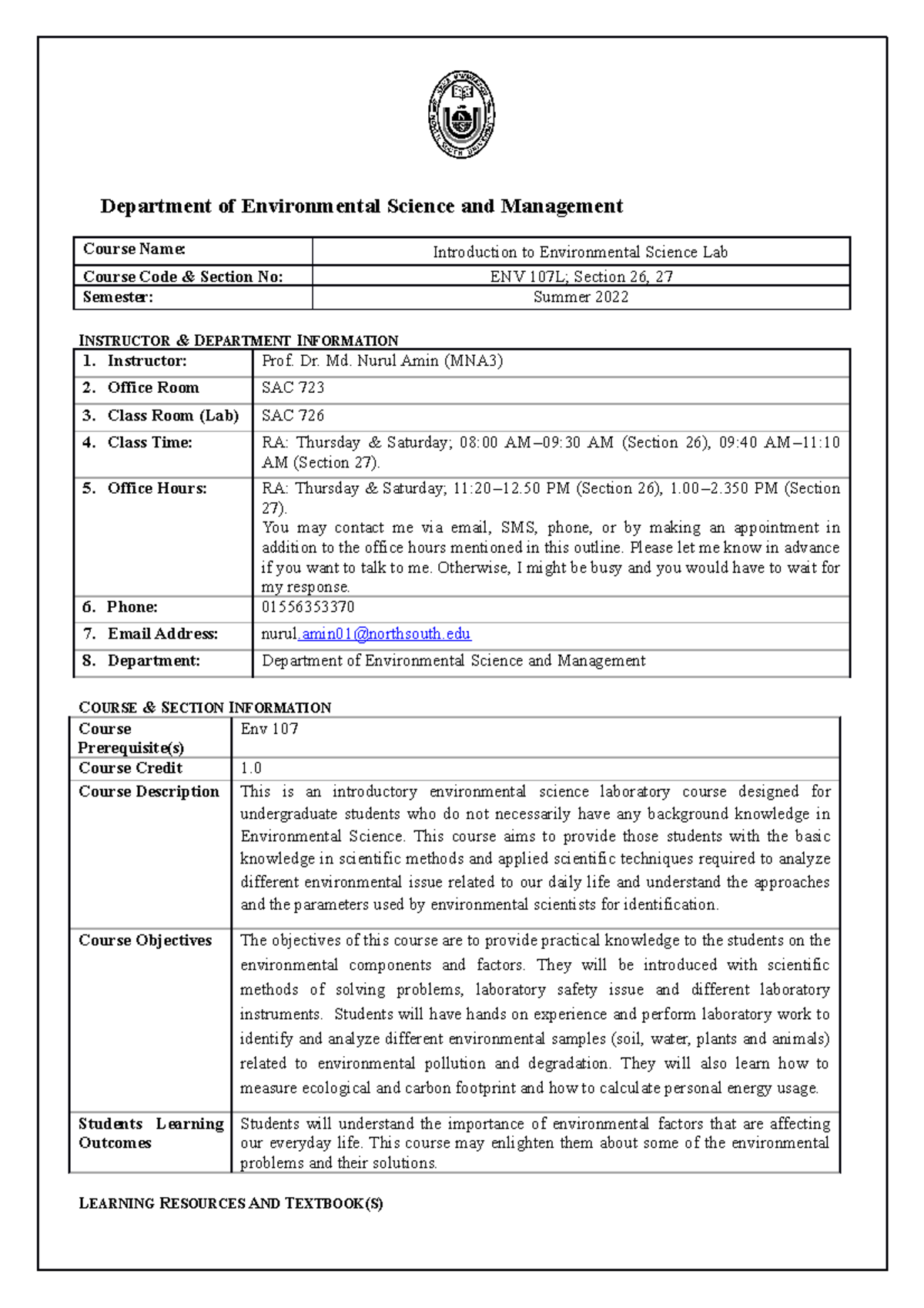 Course Outline ENV 107L Summer 2022 RA - Department of Environmental Science and Management ...
