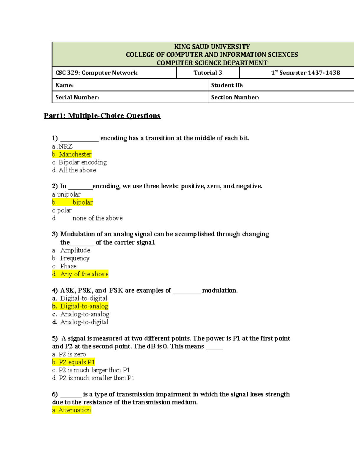 Tutorial 3 modelanswer - KING SAUD UNIVERSITY COLLEGE OF COMPUTER AND INFORMATION SCIENCES ...