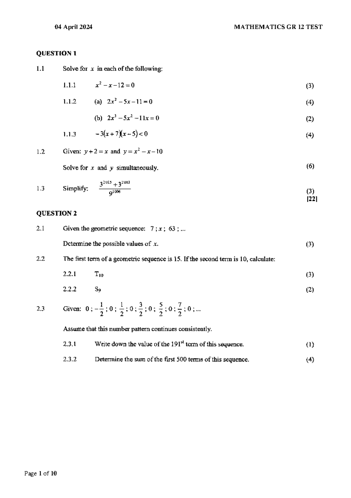 April Sample exam - SDMAT04 - 04 April 2024 MATHEMATICS GR 12 TEST ...