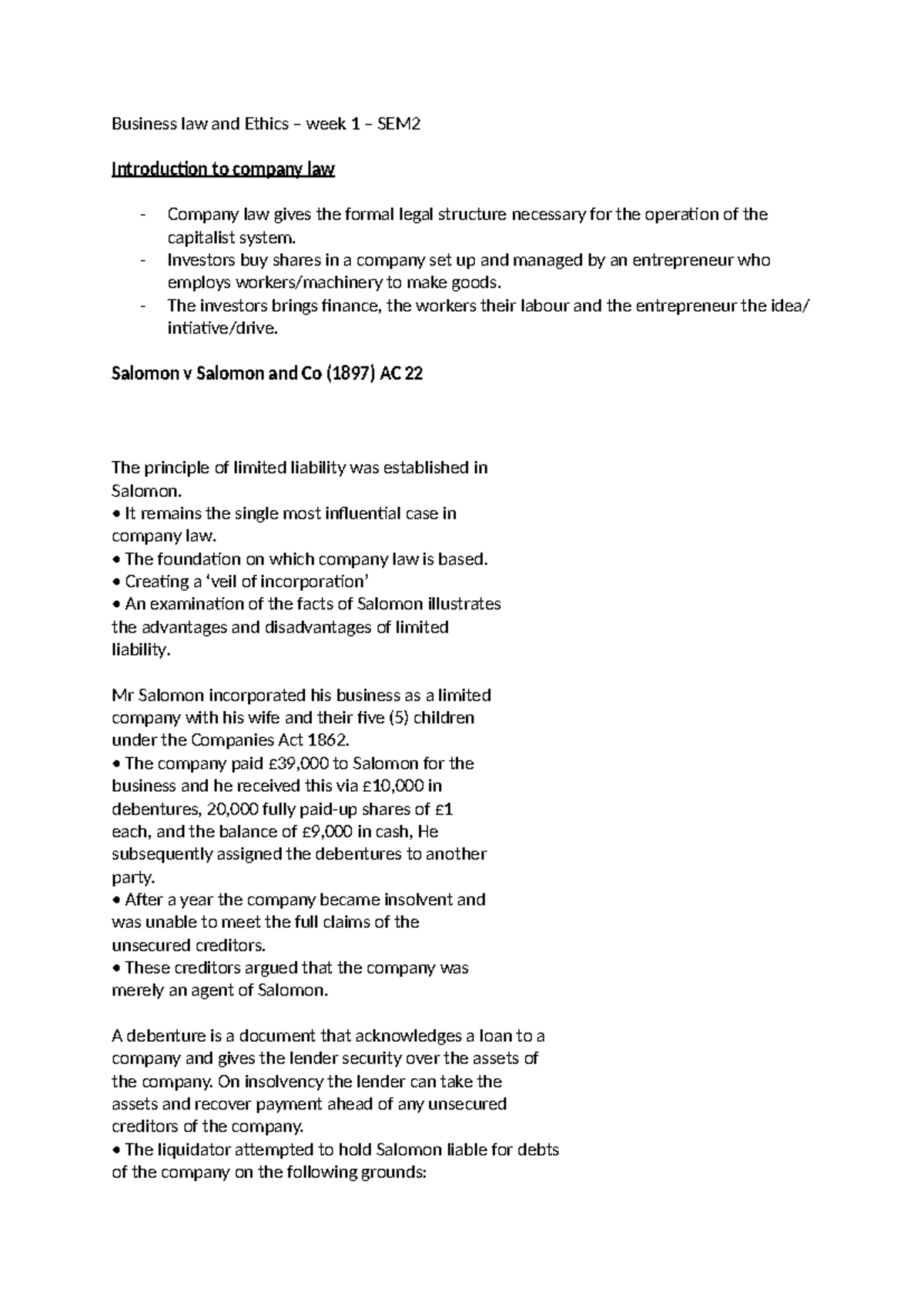 Week 1 - SEM2 - Business law and Ethics – week 1 – SEM Introduction to company law - Company law ...