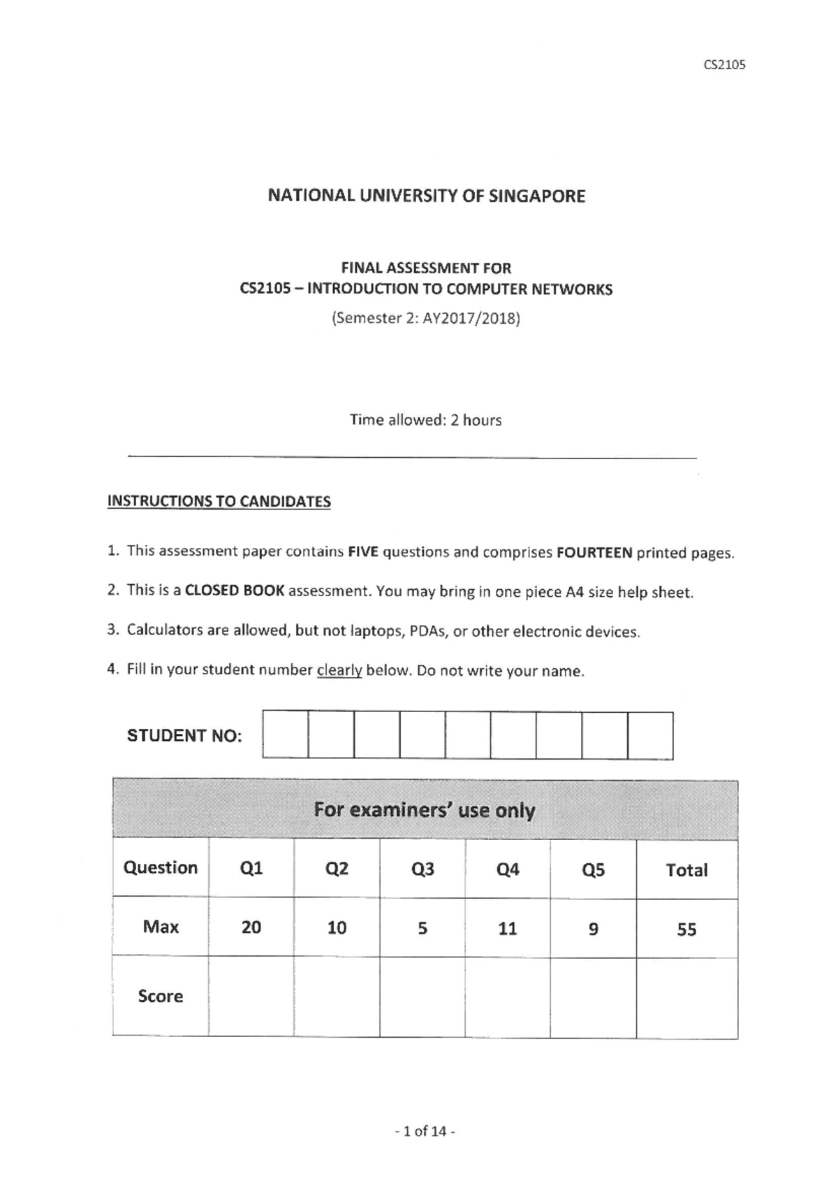 1718SEM2-CS2105(Q2-Q5)(CS2105 Final Paper Covering all Chapter ...