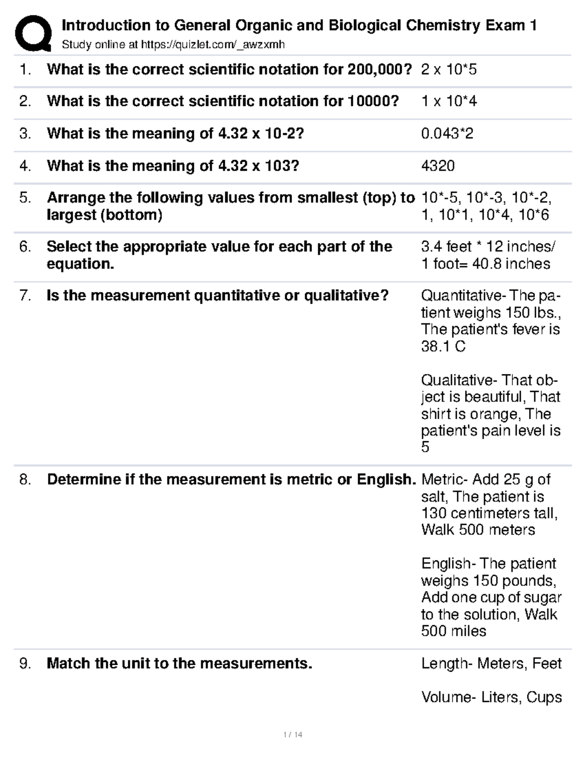 Introduction to General Organic and Biological Chemistry Exam 1 - Study ...