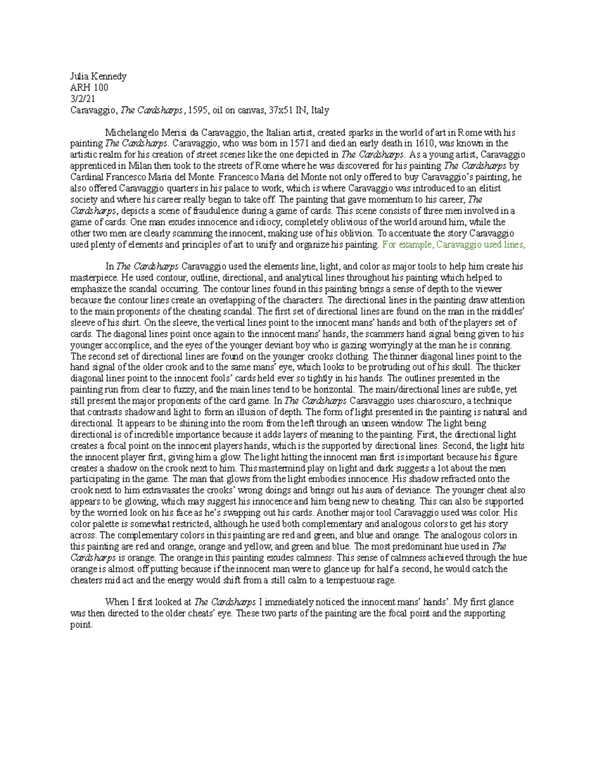 Formal analysis paper - arh100 - Julia Kennedy ARH 100 3/2/ Caravaggio ...