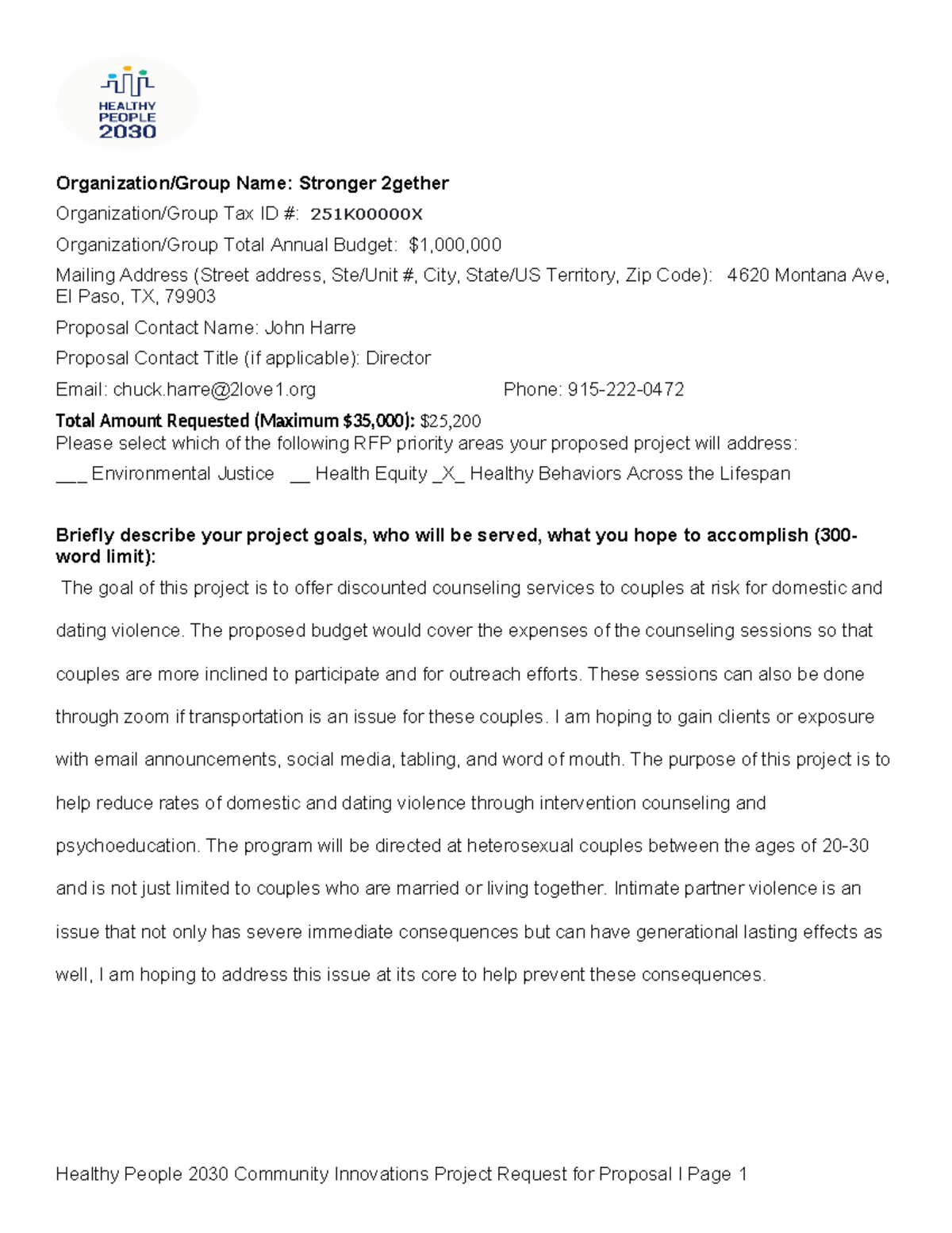 HP 2030 Proposal - N/A - Organization/Group Name: Stronger 2gether ...