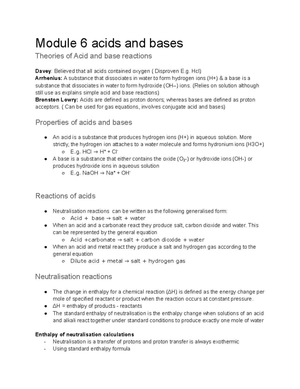 Module 6 - year 12 revision - Module 6 acids and bases Theories of Acid ...