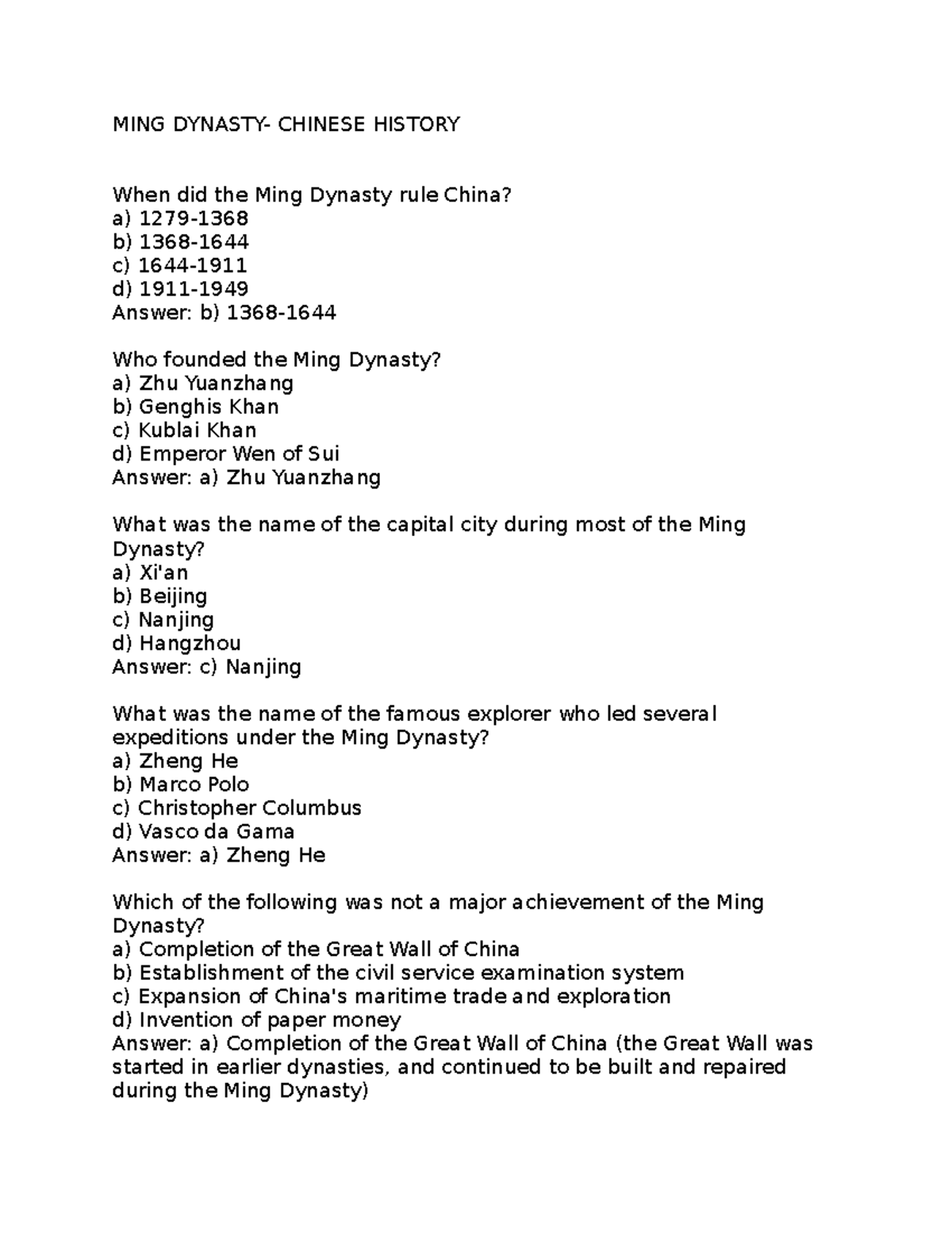 MING Dynasty - QUIZ - MING DYNASTY- CHINESE HISTORY When did the Ming ...