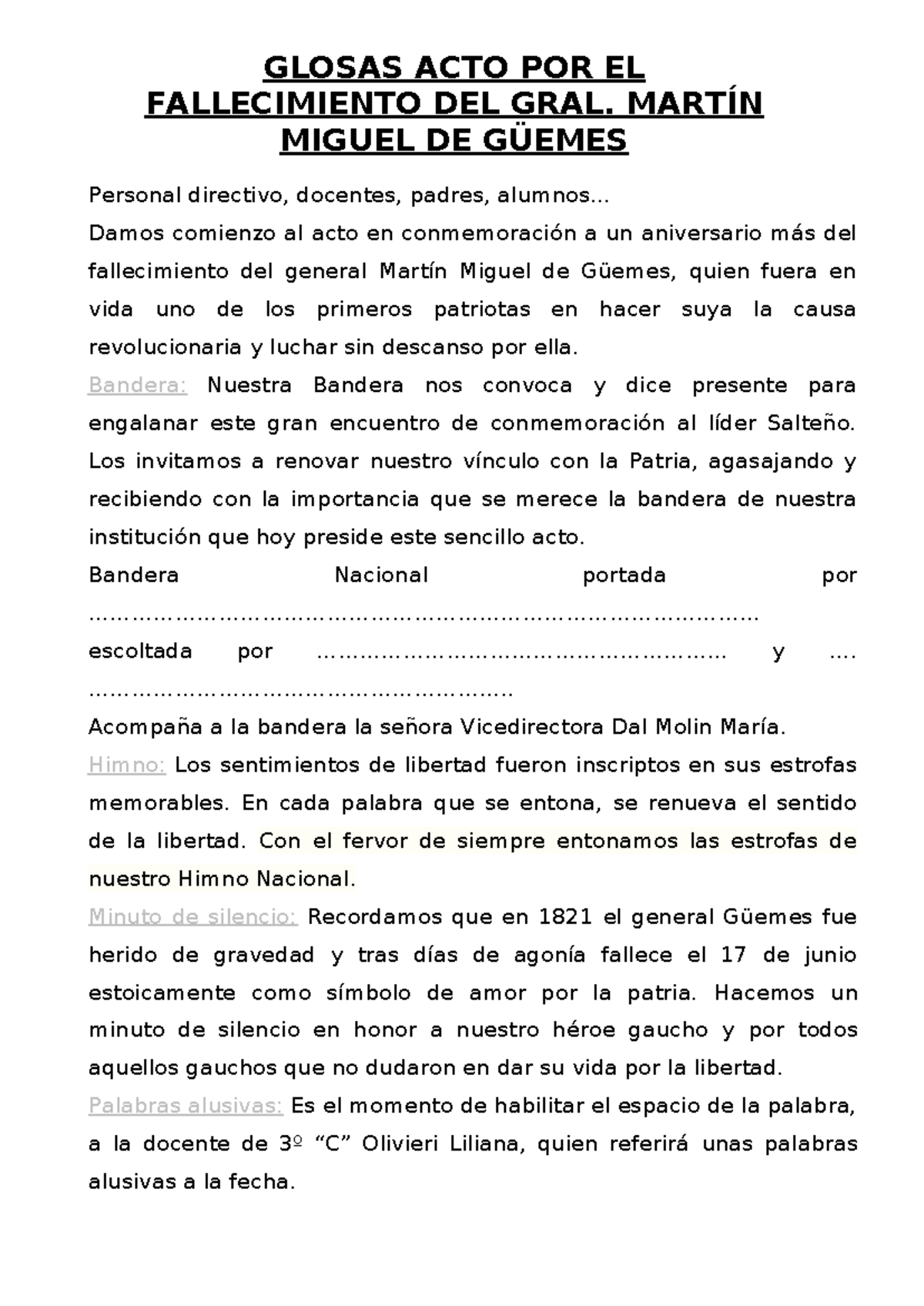 17 DE Junio - Glosas ACTO Guemes - Personal directivo, docentes, padres ...