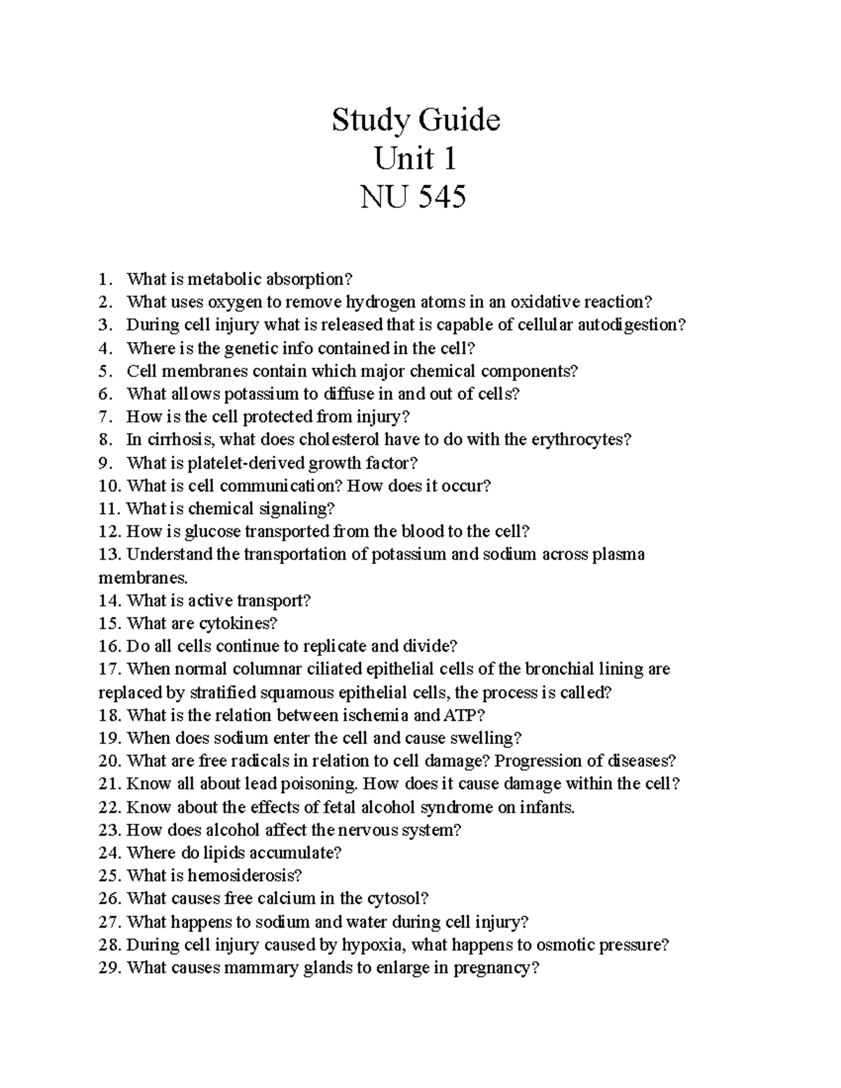 Unit 1 study guide - Study Guide Unit 1 NU 545 What is metabolic ...