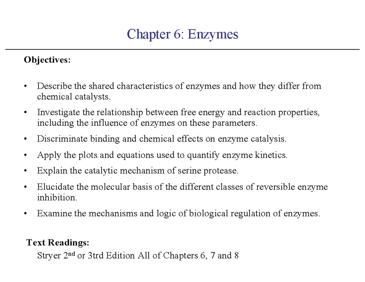 BMSC 200 Module 6 PDF-1 - Chapter 6: Enzymes Objectives: Describe the ...