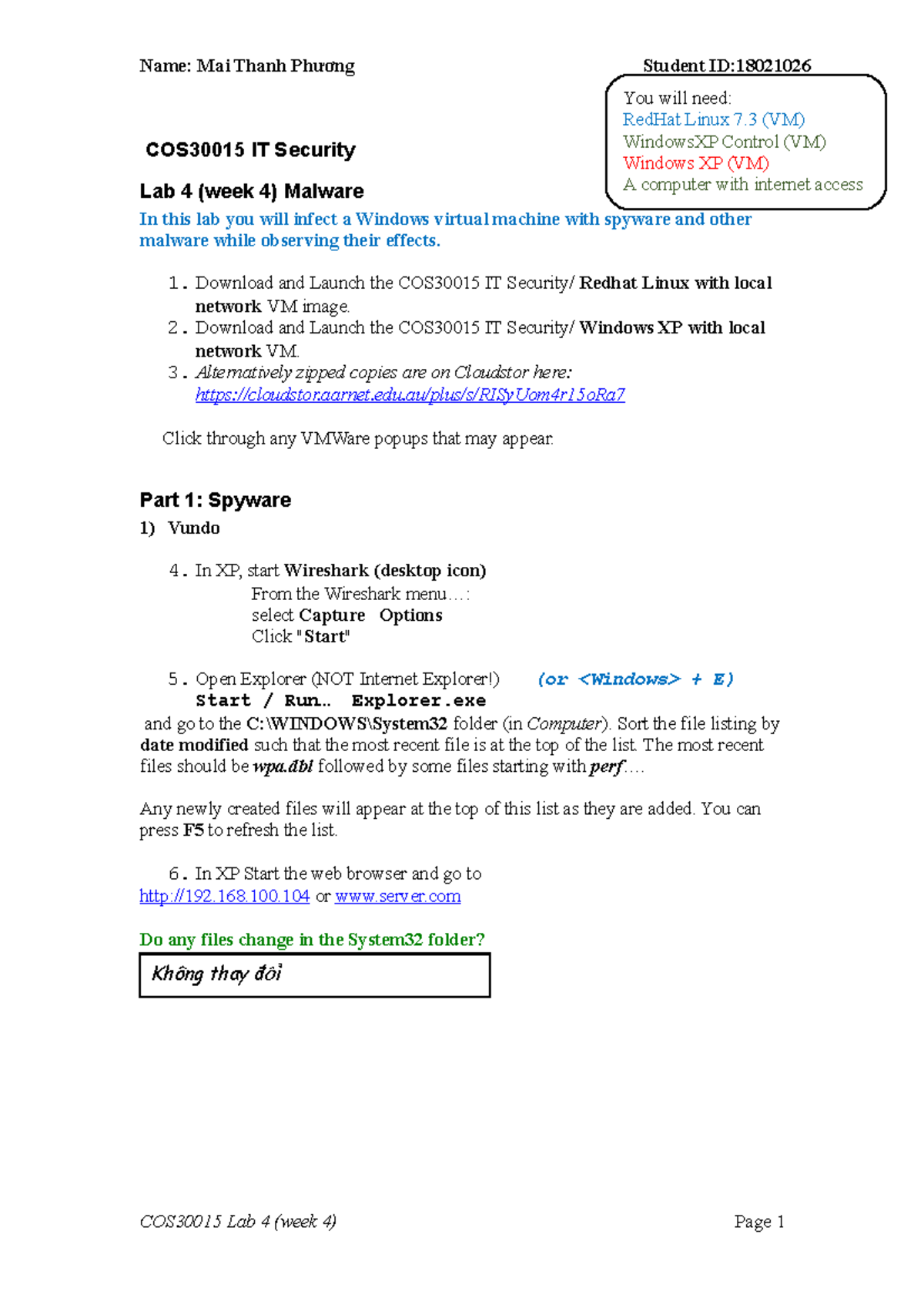 COS30015 Lab 4 week 4 - COS30015 IT Security Lab 4 (week 4) Malware In this lab you will infect ...