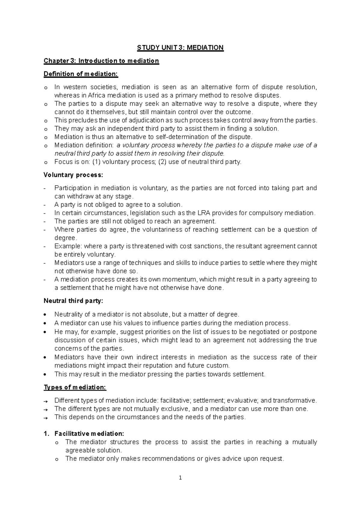 SU 3 notes 231029 112451 - STUDY UNIT 3: MEDIATION Chapter 3 ...