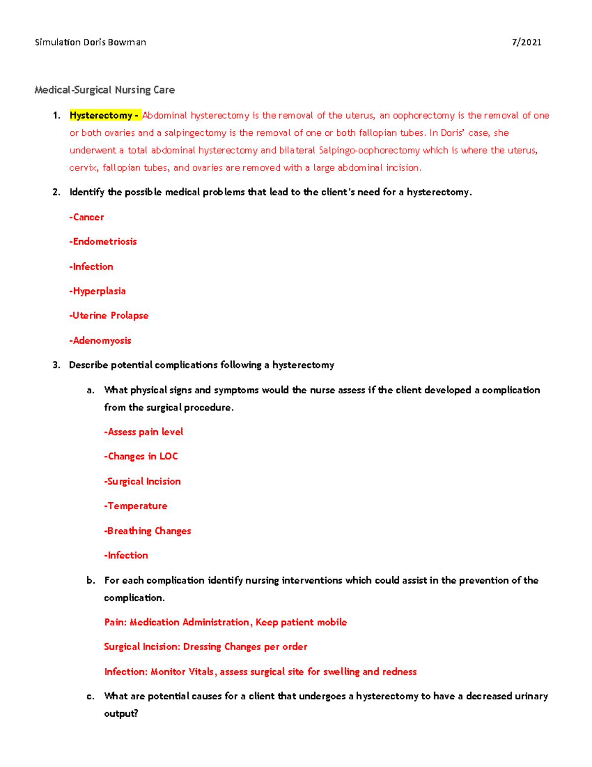 MDC4 Clinical SIM Simulation Doris Bowman 72121 - NUR2755 - Studocu