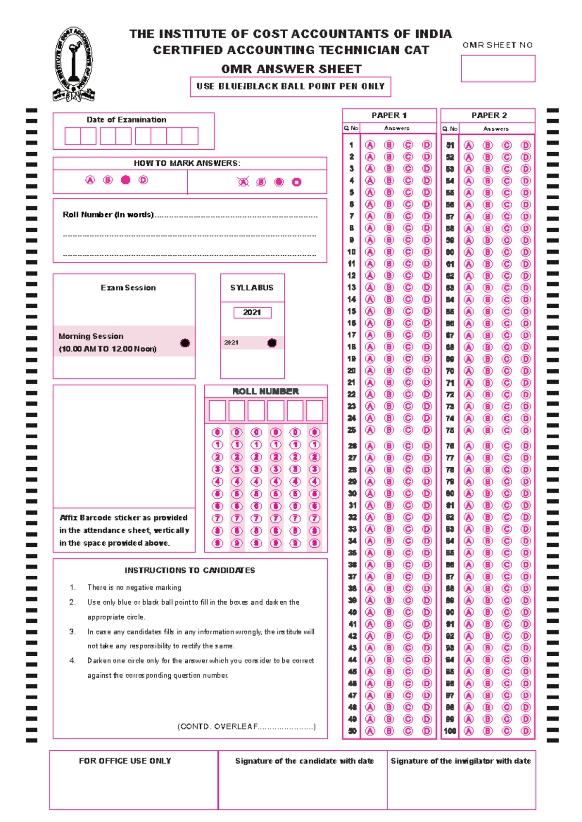 Omr cat exam copy - exam preperation - OMR SHEET NO INSTRUCTIONS TO ...