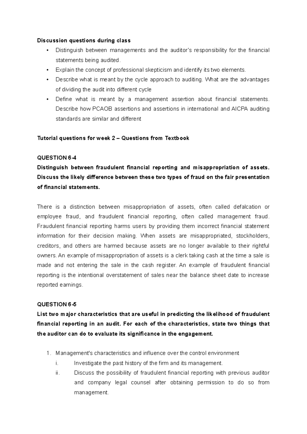 WEEK 2 Tutorial Questions Audit - Discussion questions during class ...