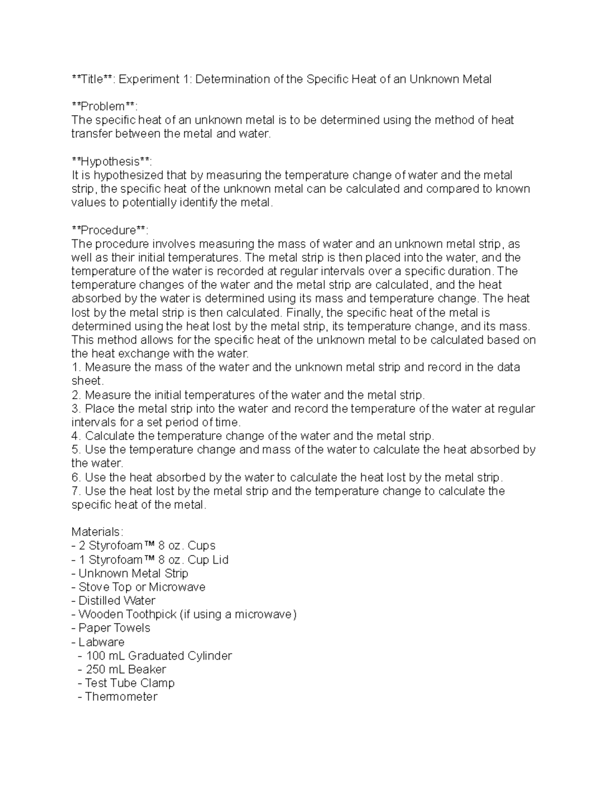 Chapter 5 lab report experiment one - Title: Experiment 1 ...