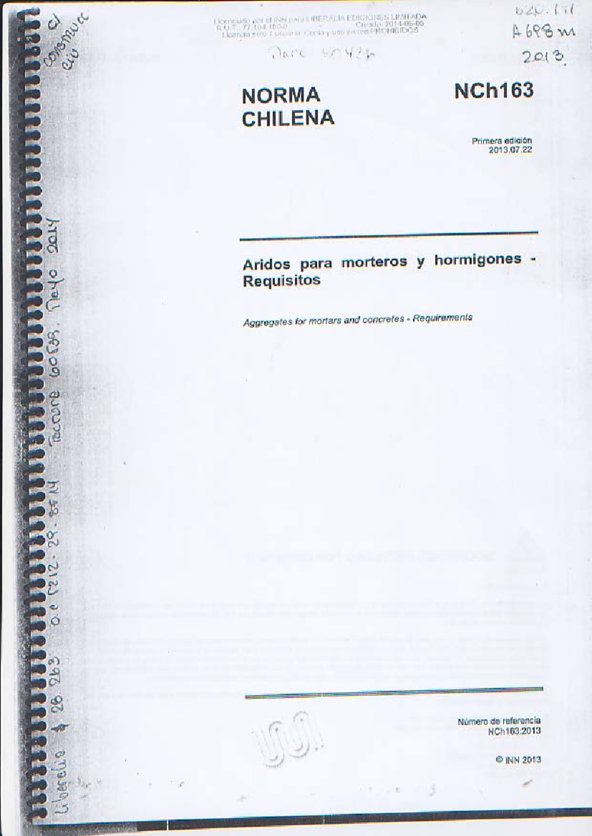 NCh 163-2013 Aridos morteros y hormigones - 620 Licenciado por el INNEPACT IBERALIA EDICIONES ...