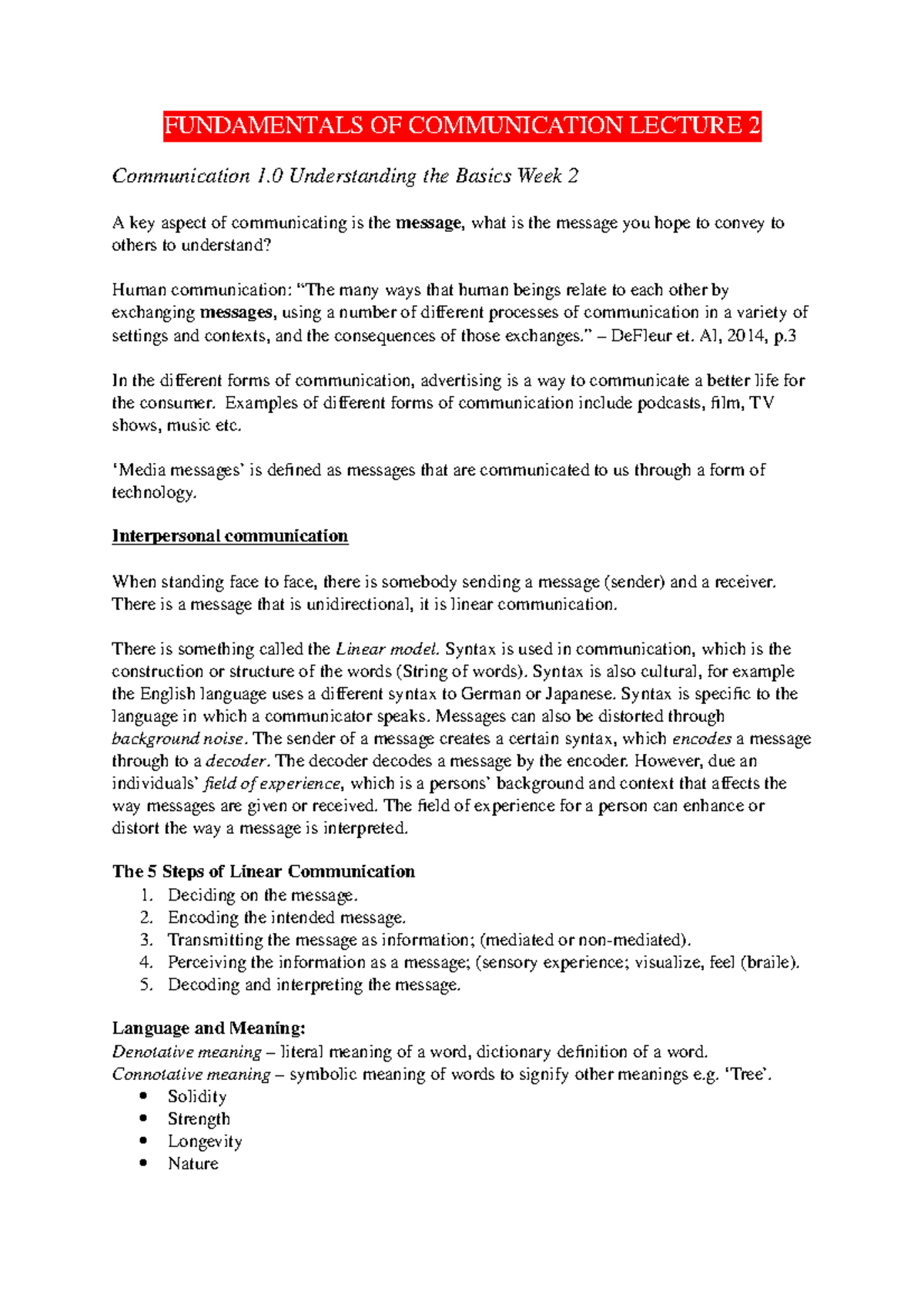Communication Lecture Week 2 - FUNDAMENTALS OF COMMUNICATION LECTURE 2 ...
