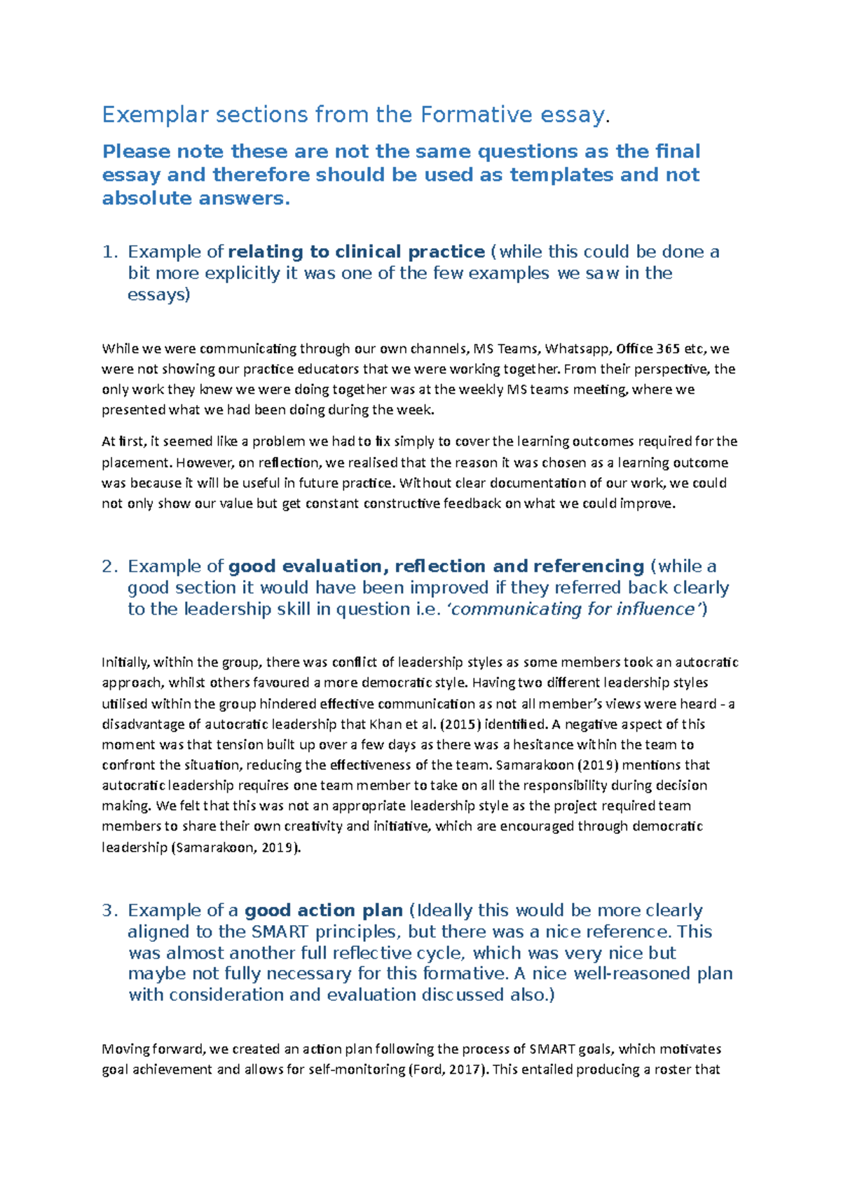 Exemplar sections from the Formative essay - Please note these are not ...