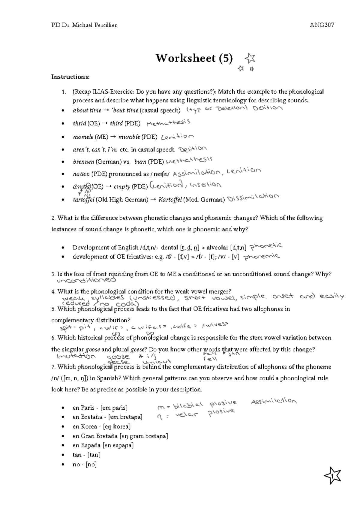 Worksheet Session 5 Phonology 1 - PD Dr. Michael Percillier ANG 1 ...