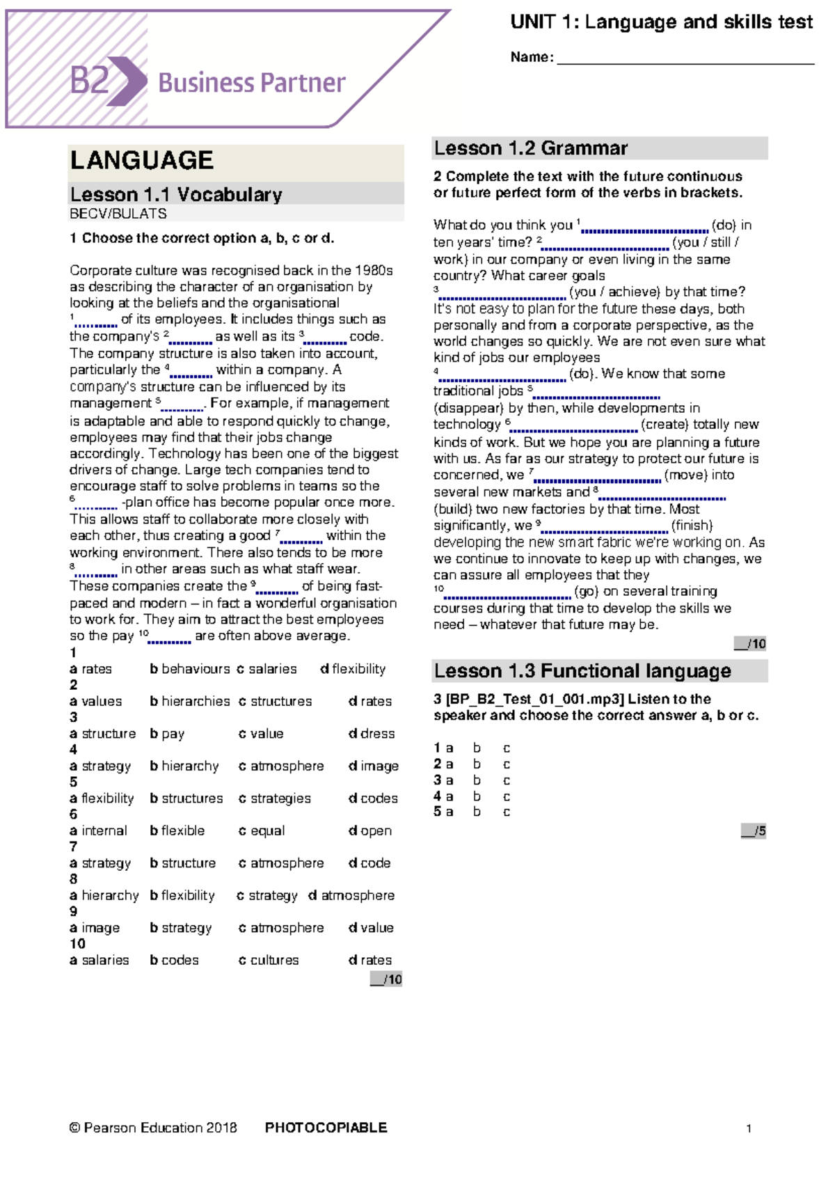 BP B2 Tests Unit1 - aaaa - © Pearson Education 2018 PHOTOCOPIABLE 1 ...