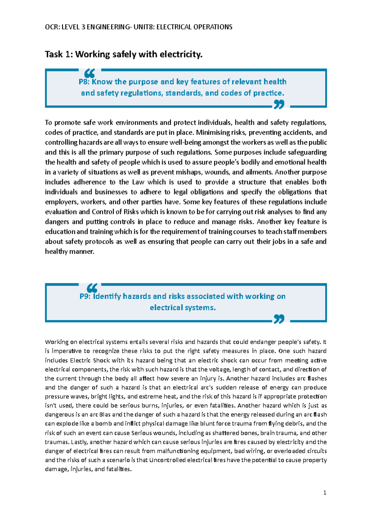 OCR L3 Engineering UNIT 8 Electrical Operations - Task 1: Working ...