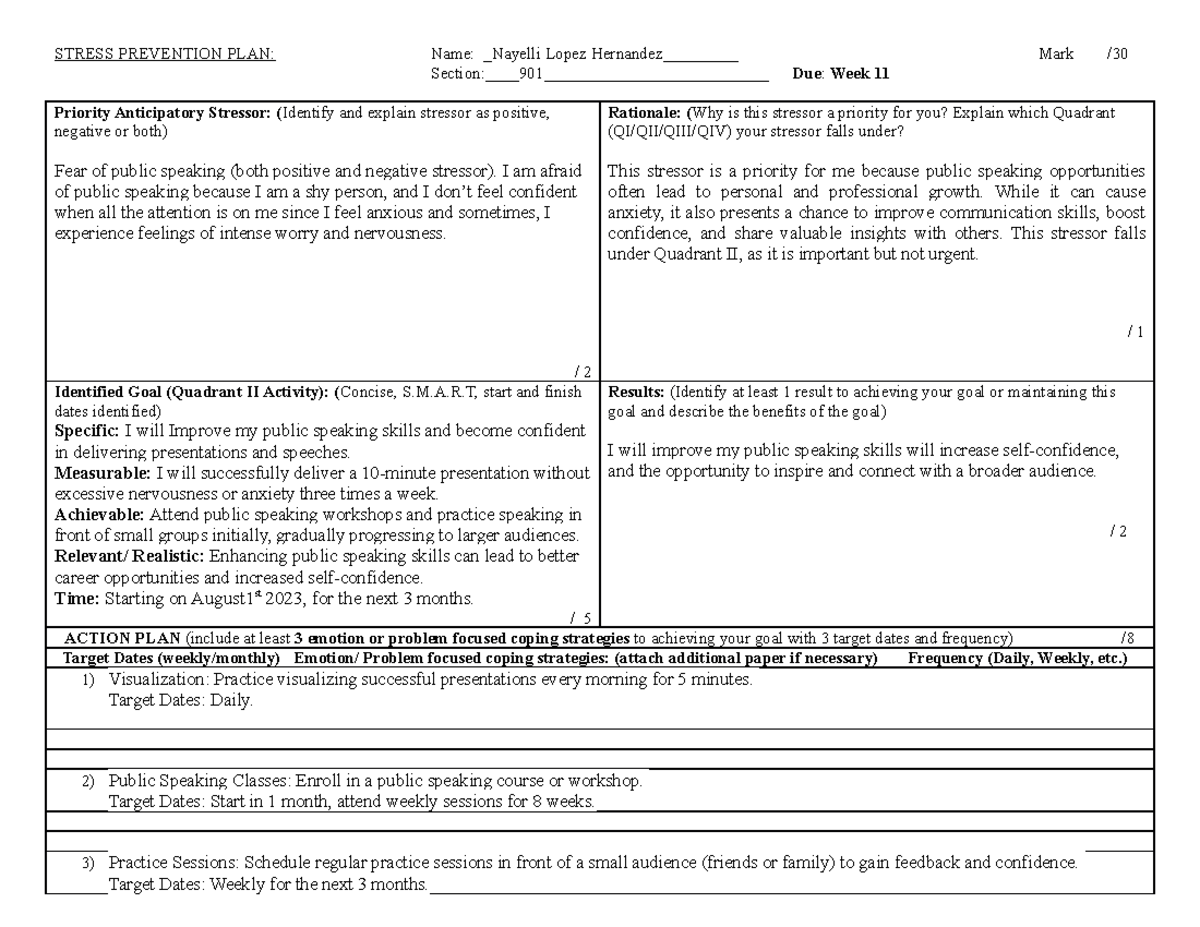 Assignment 2 - GNED 137 - Due Week 112 - STRESS PREVENTION PLAN: Name ...
