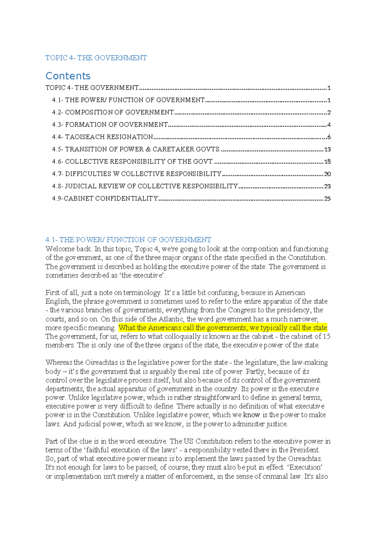 the government (all notes) - TOPIC 4- THE GOVERNMENT Contents TOPIC 4 ...